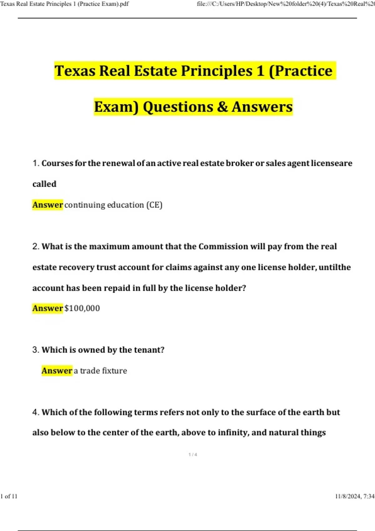 Texas Real Estate Principles 1 (Practice Exam) 2024 Questions and ...