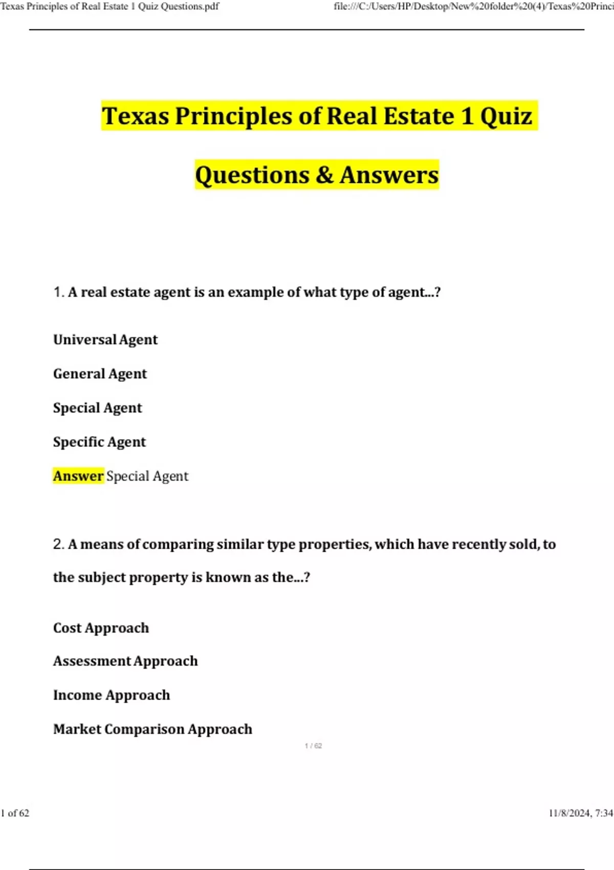 Texas Principles of Real Estate 1 Quiz 2024 Questions and Answers (2024 ...