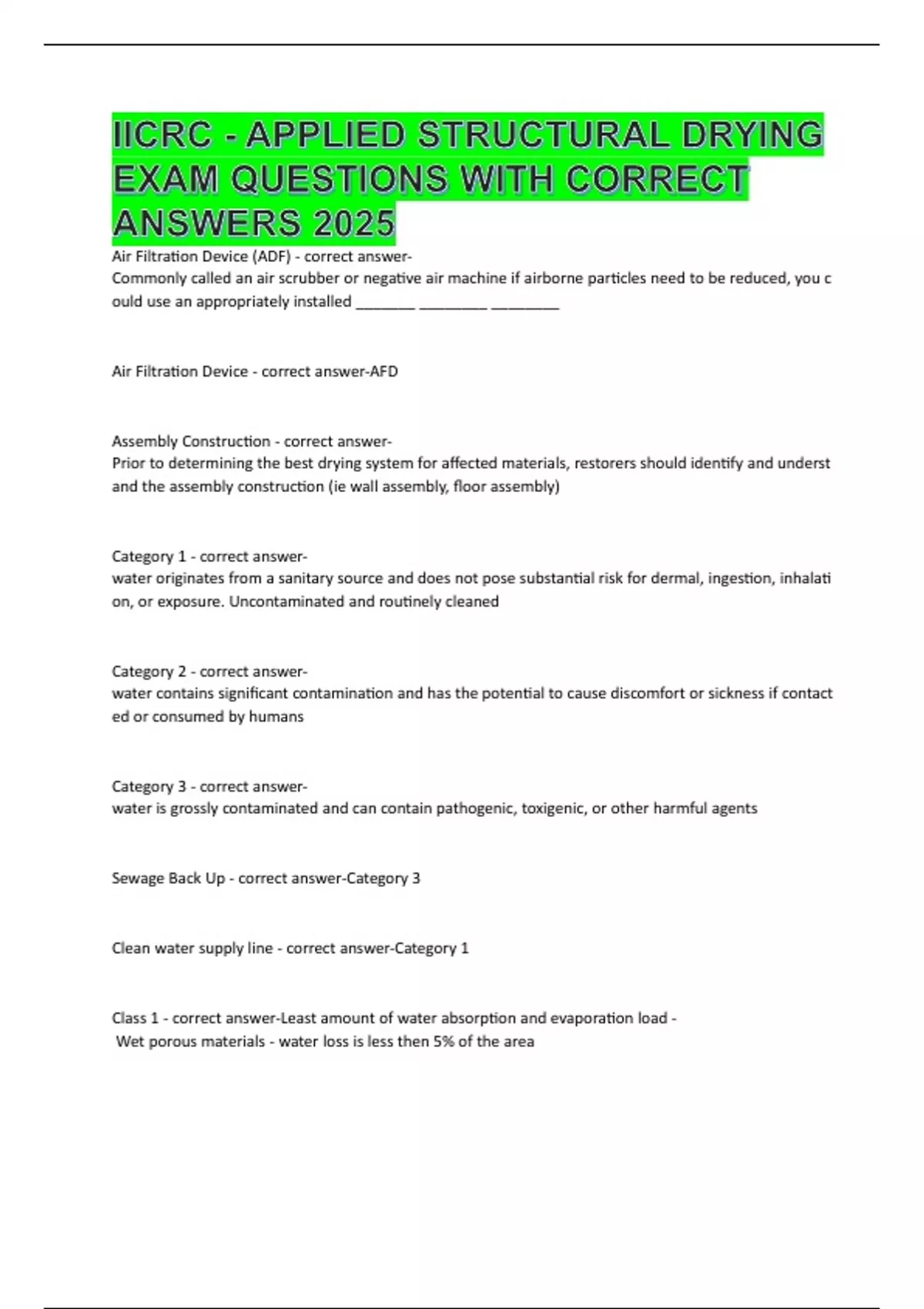 IICRC - APPLIED STRUCTURAL DRYING EXAM QUESTIONS WITH CORRECT ANSWERS 2025 - IICRC - Stuvia US