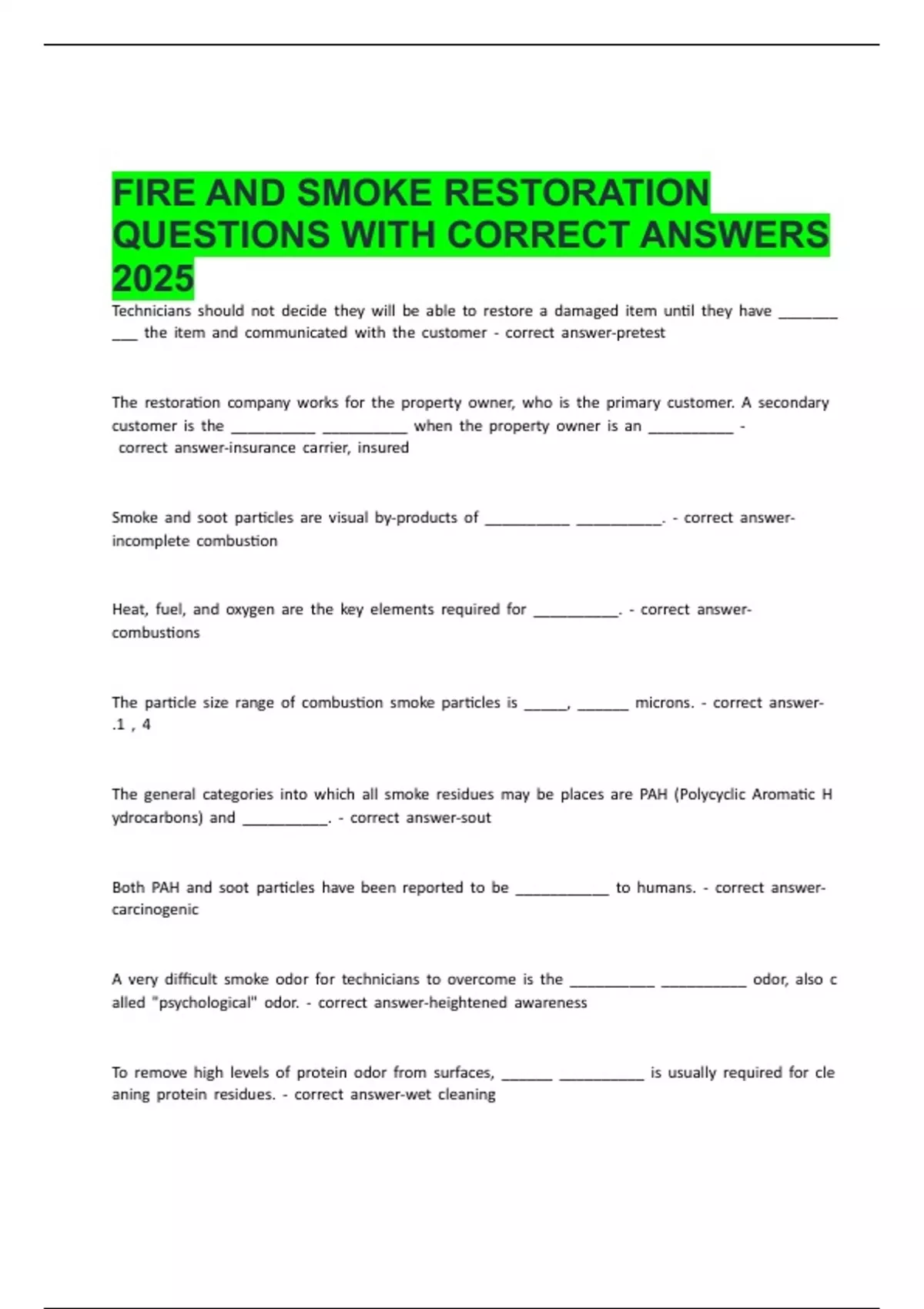 FIRE AND SMOKE RESTORATION QUESTIONS WITH CORRECT ANSWERS 2025 - IICRC ...