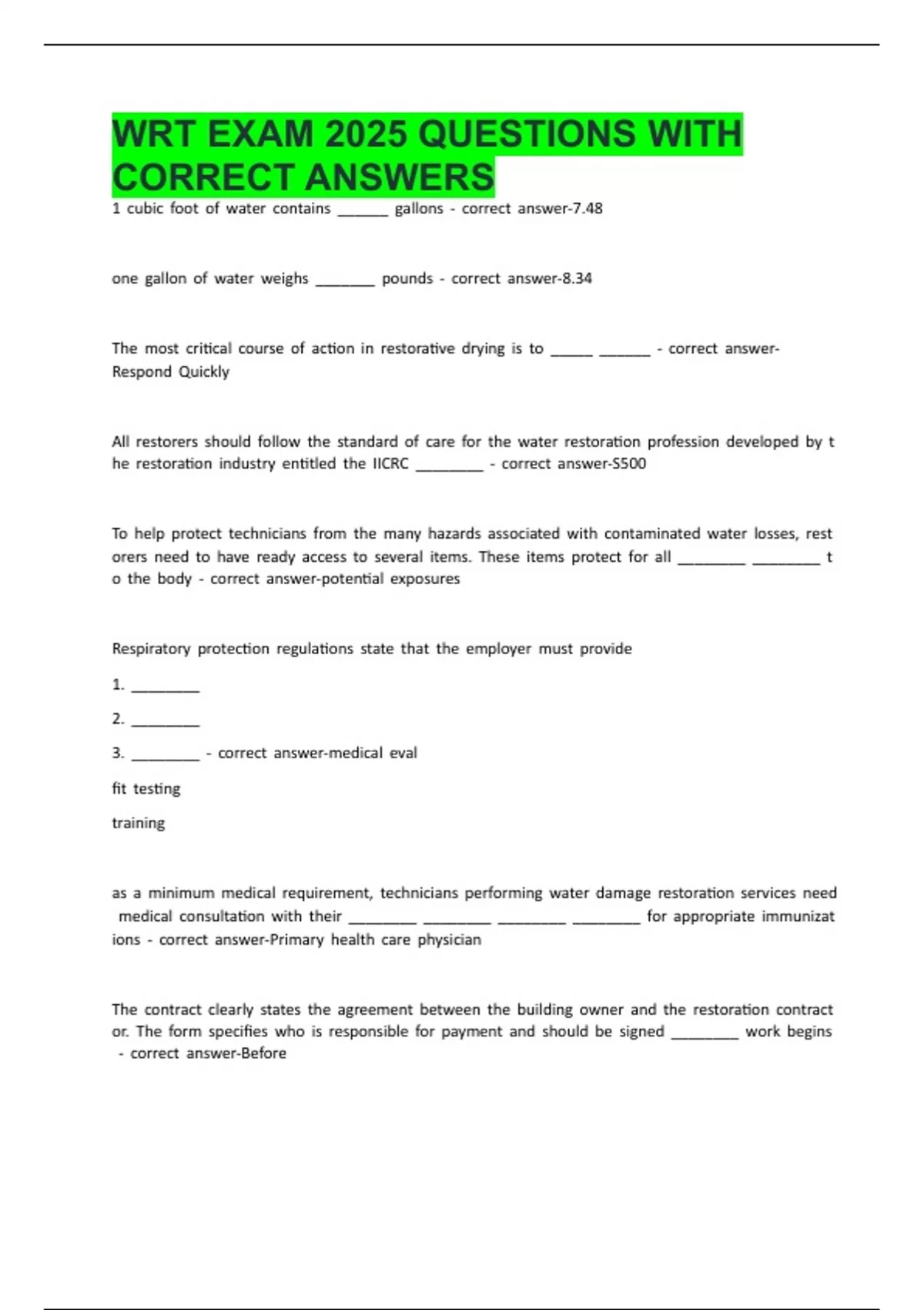 WRT EXAM 2025 QUESTIONS WITH CORRECT ANSWERS - Iicrc Wrt - Stuvia US