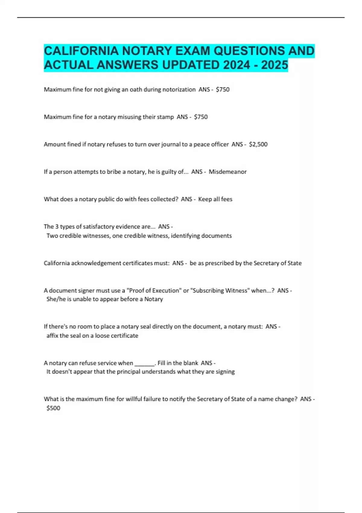 CALIFORNIA NOTARY EXAM QUESTIONS AND ACTUAL ANSWERS UPDATED - Notary ...
