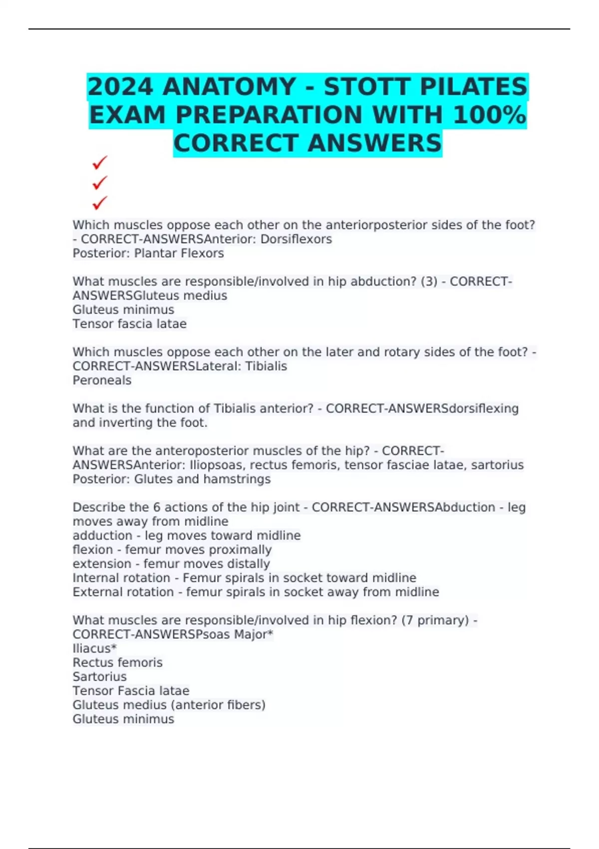 2024 ANATOMY - STOTT PILATES EXAM PREPARATION WITH 100% CORRECT ANSWERS ...