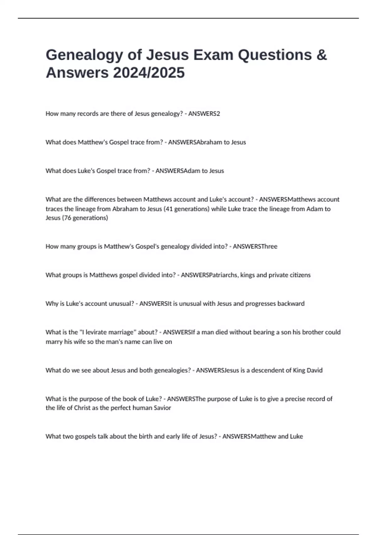 Genealogy of Jesus Exam Questions & Answers 2024/2025 - Genealogy of ...