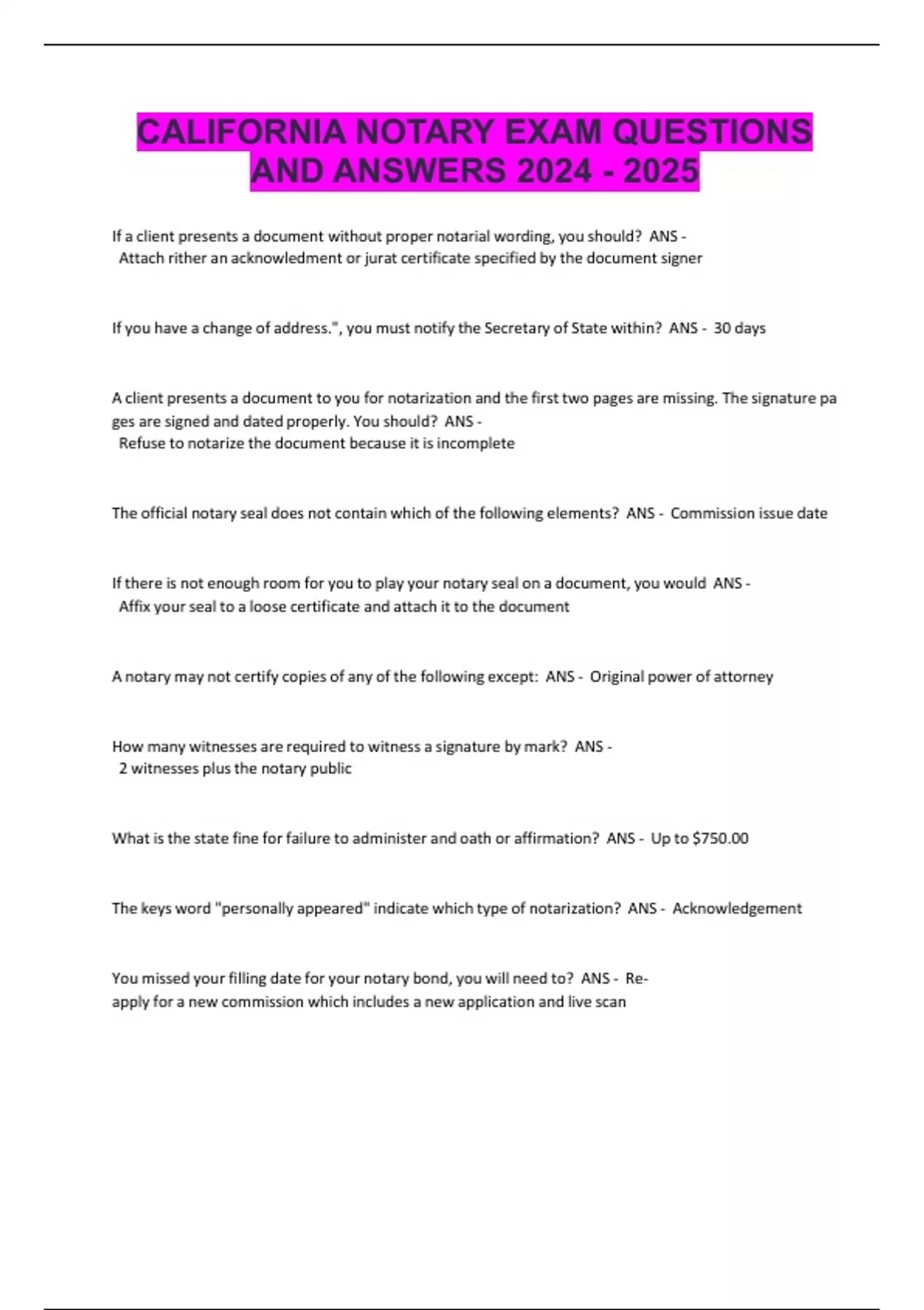 CALIFORNIA NOTARY EXAM QUESTIONS AND ANSWERS - Notary - Stuvia US