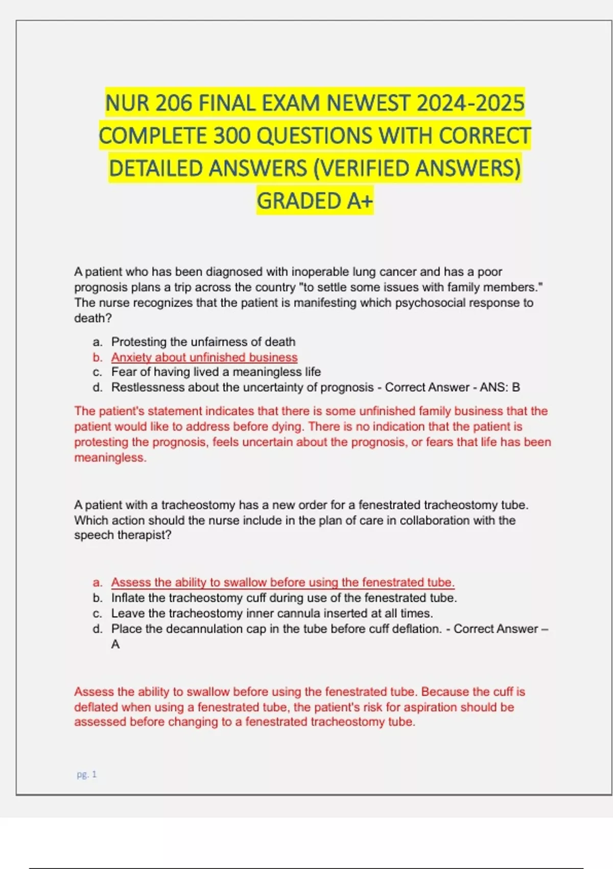 NUR 206 FINAL EXAM NEWEST 2024/2025 ACTUAL EXAM| NUR206 COMMUNITY NURSING CONCEPTS FINAL EXAM ...