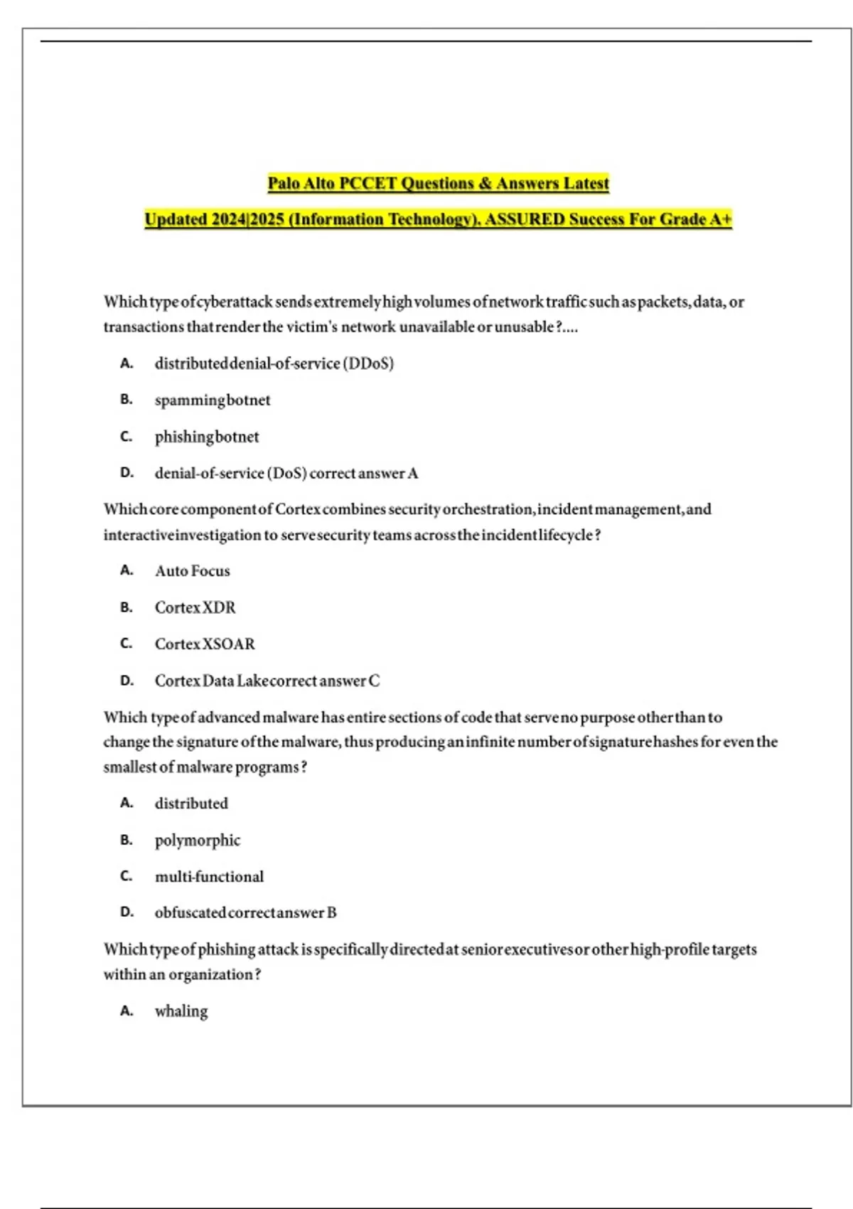 Palo Alto PCCET Questions & Verified Answers || Updated 2024–2025 ...