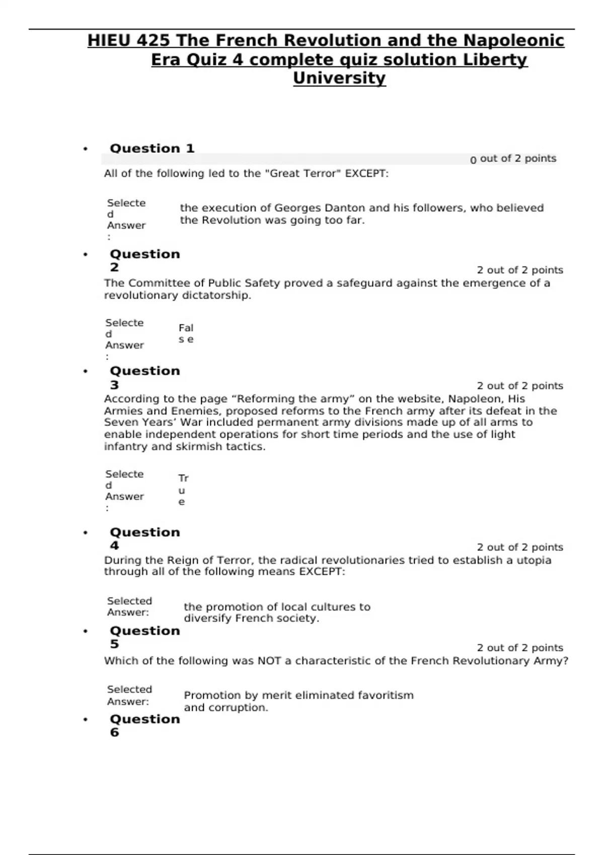 HIEU 425 The French Revolution and the Napoleonic Era Quiz 4 complete ...