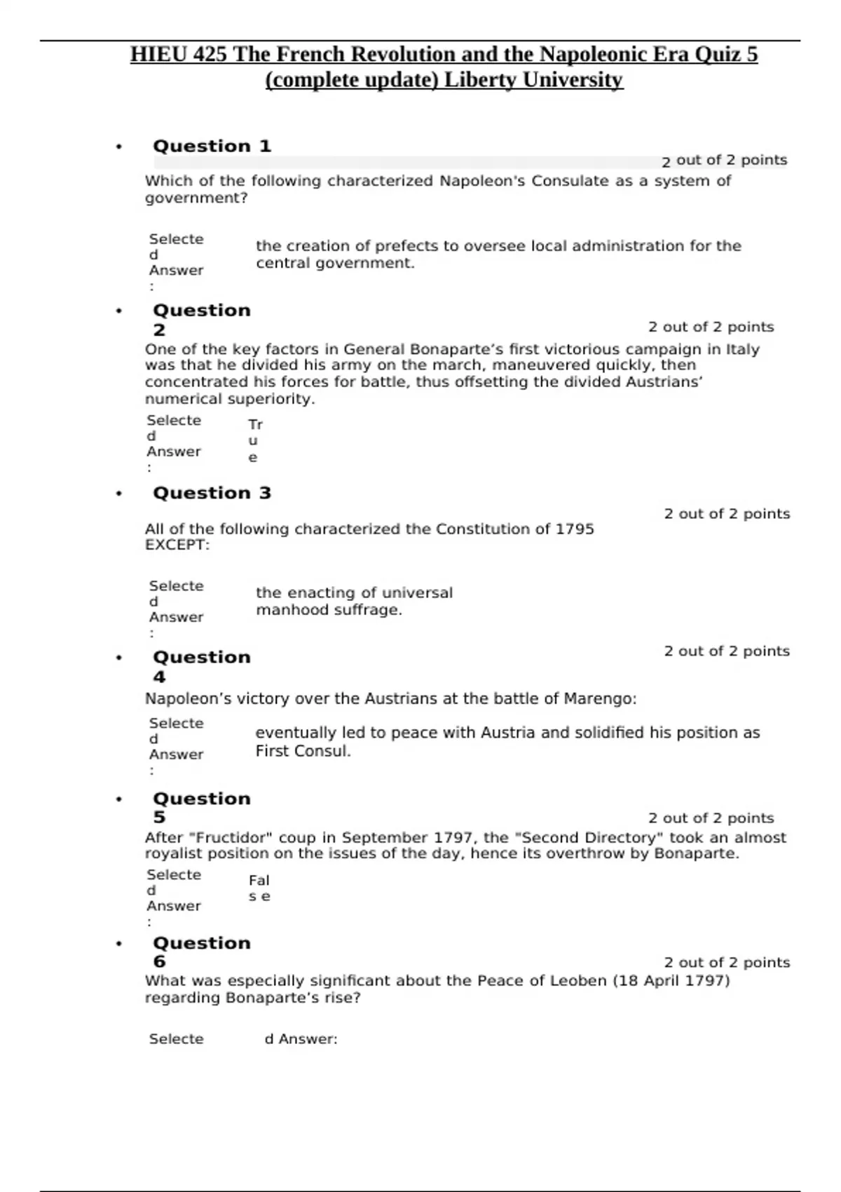 HIEU 425 The French Revolution and the Napoleonic Era Quiz 5 (complete ...