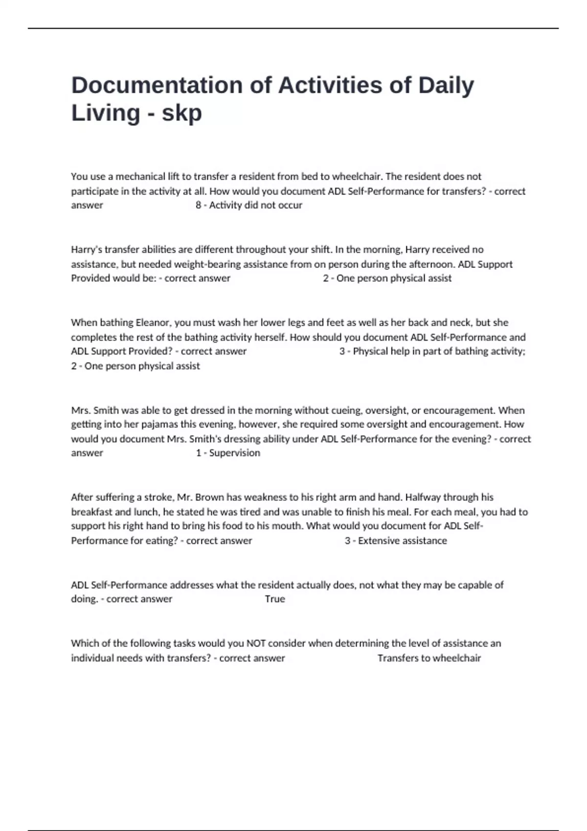 Documentation of Activities of Daily Living - skp Complete Exam Questions With Well Elaborated ...