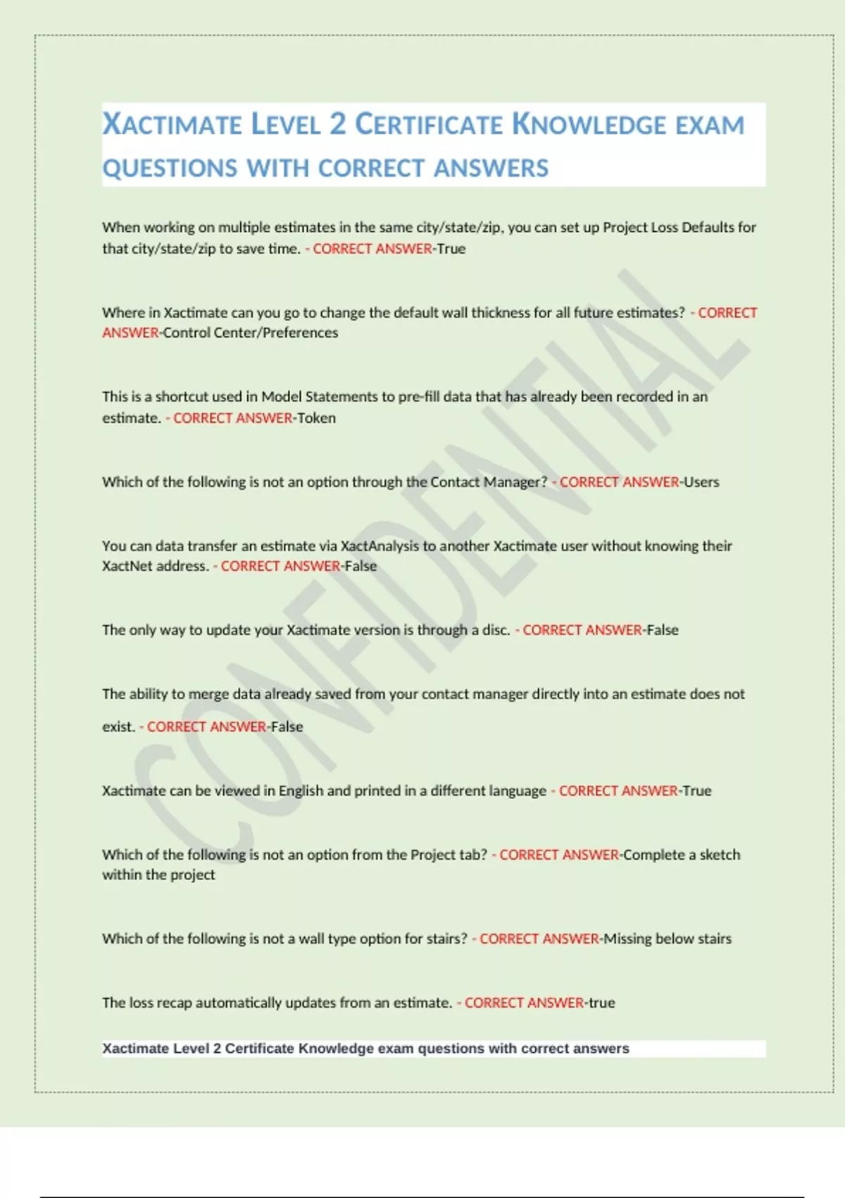 XACTIMATE LEVEL 2 CERTIFICATE KNOWLEDGE EXAM QUESTIONS WITH CORRECT ...