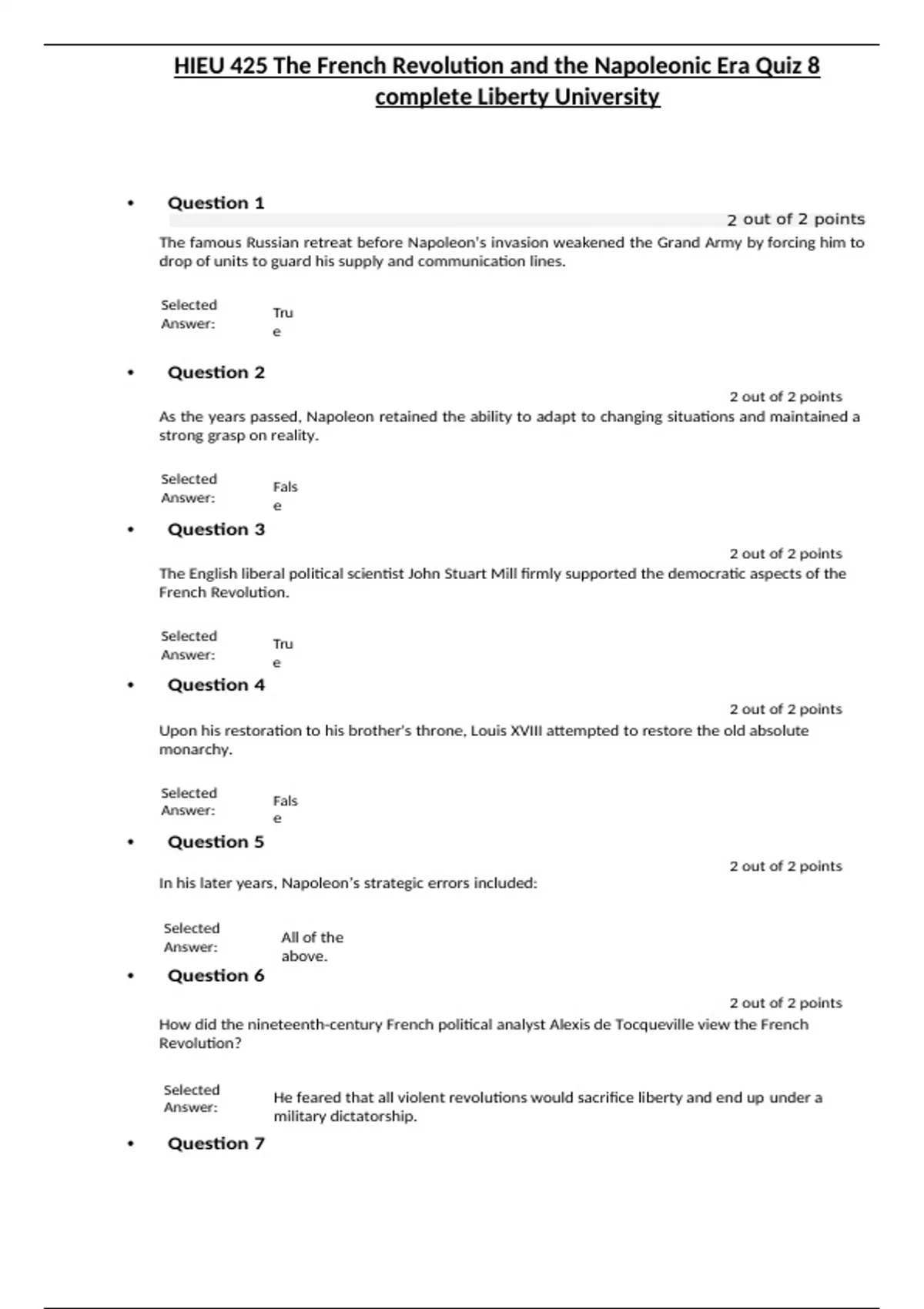 HIEU 425 The French Revolution and the Napoleonic Era Quiz 8 complete ...