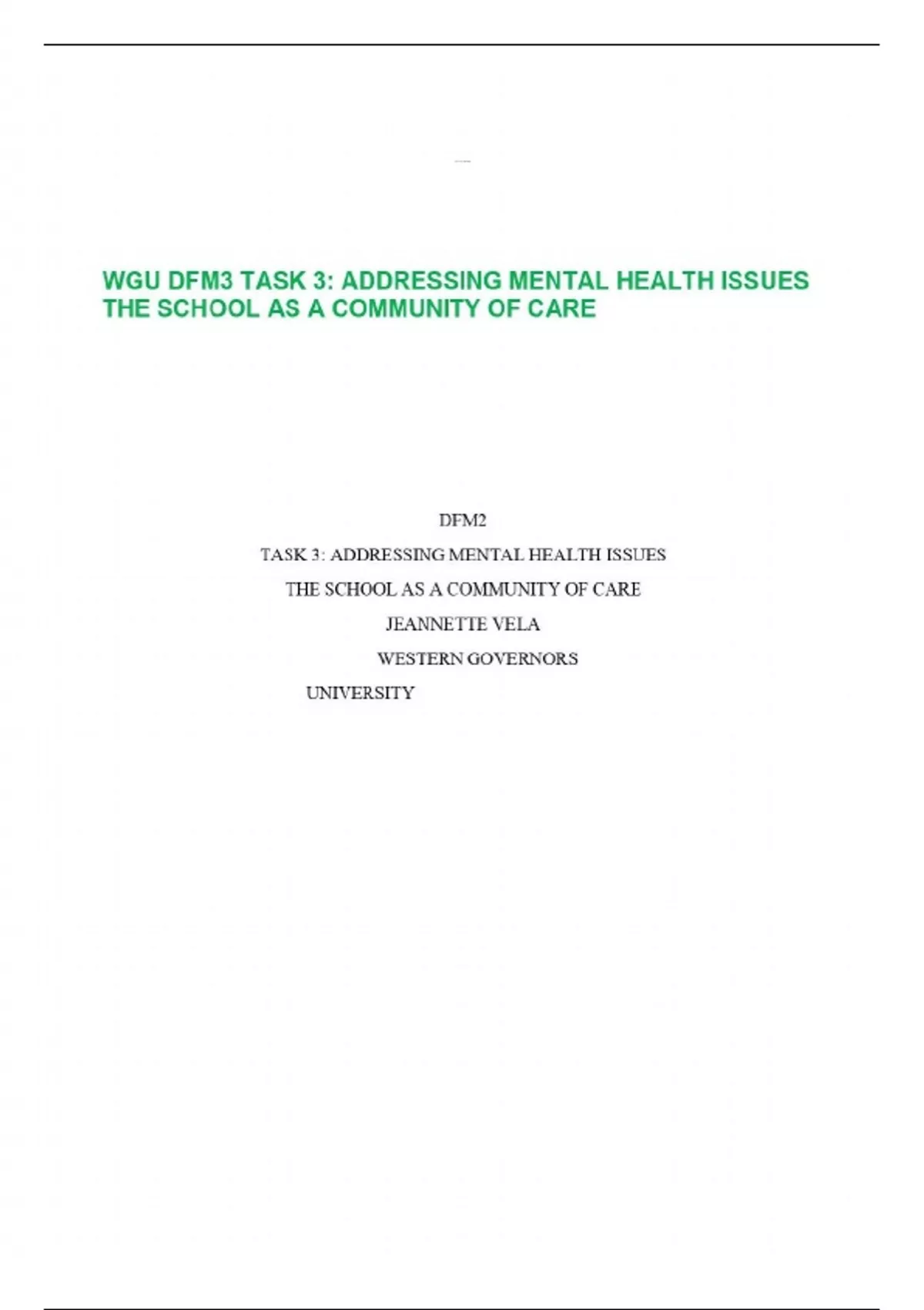 WGU DFM3 TASK 3: ADDRESSING MENTAL HEALTH ISSUES THE SCHOOL AS A ...