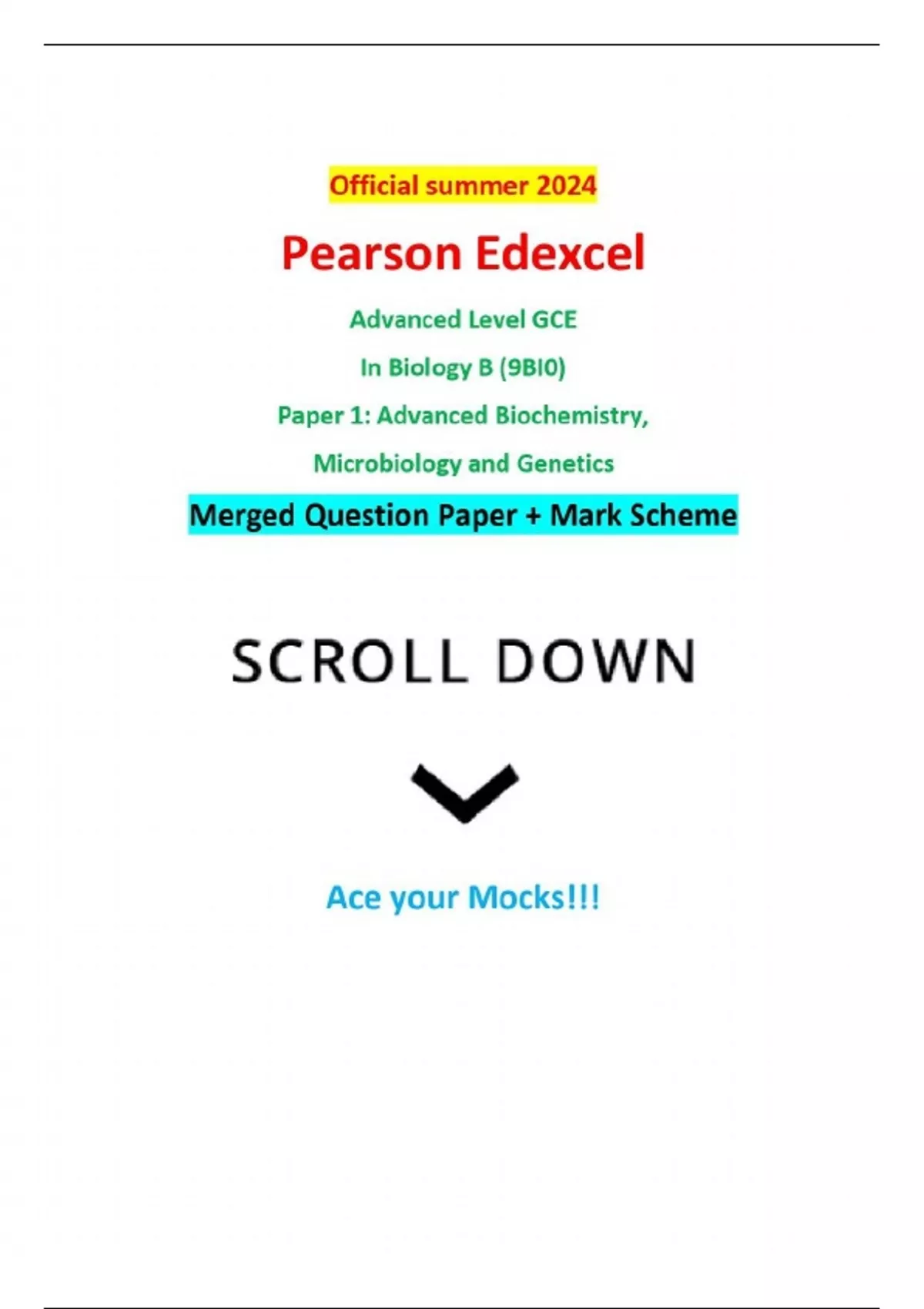 Official summer 2024 Pearson Edexcel Advanced Level GCE In Biology B ...