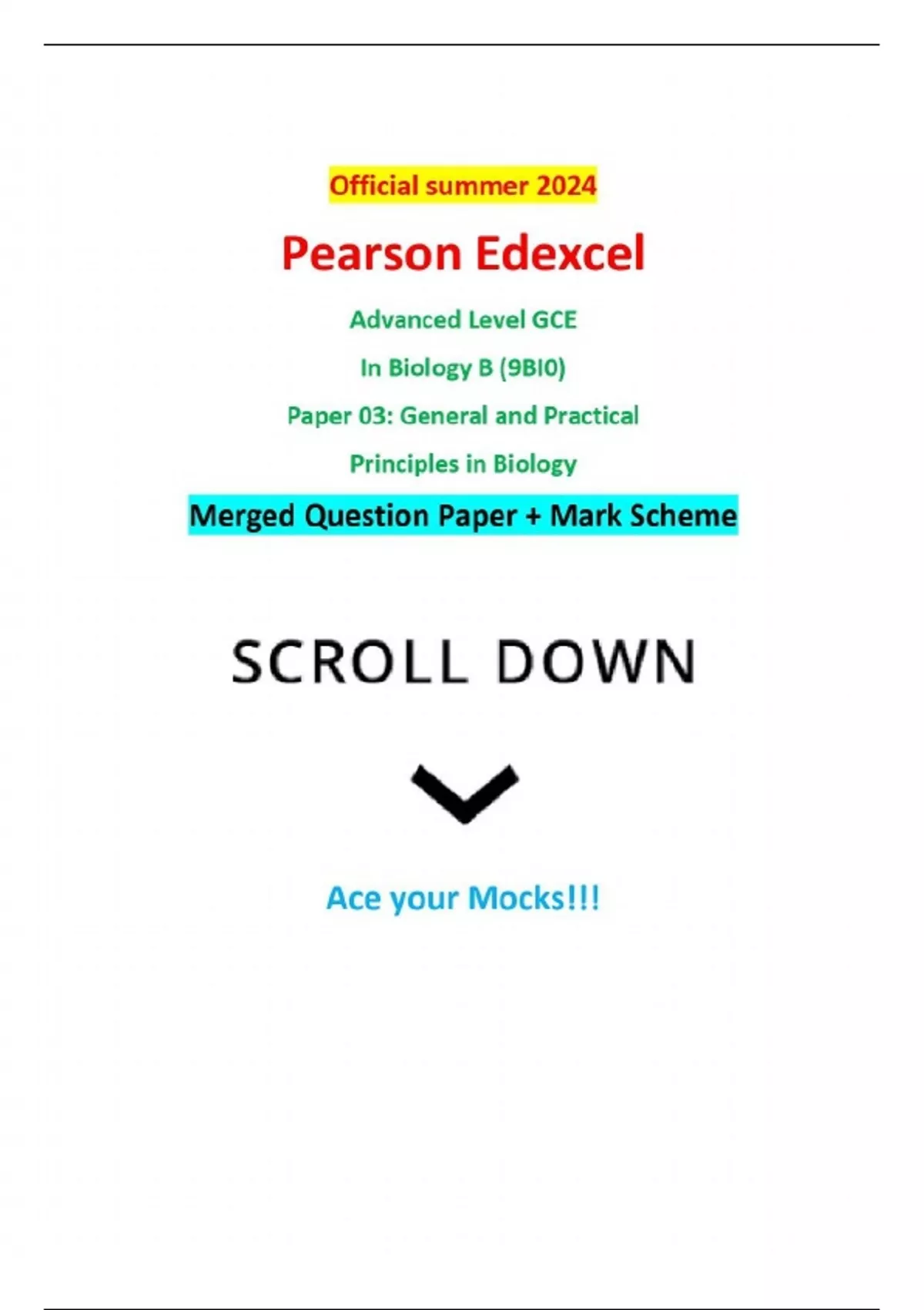 Official summer 2024 Pearson Edexcel Advanced Level GCE In Biology B ...