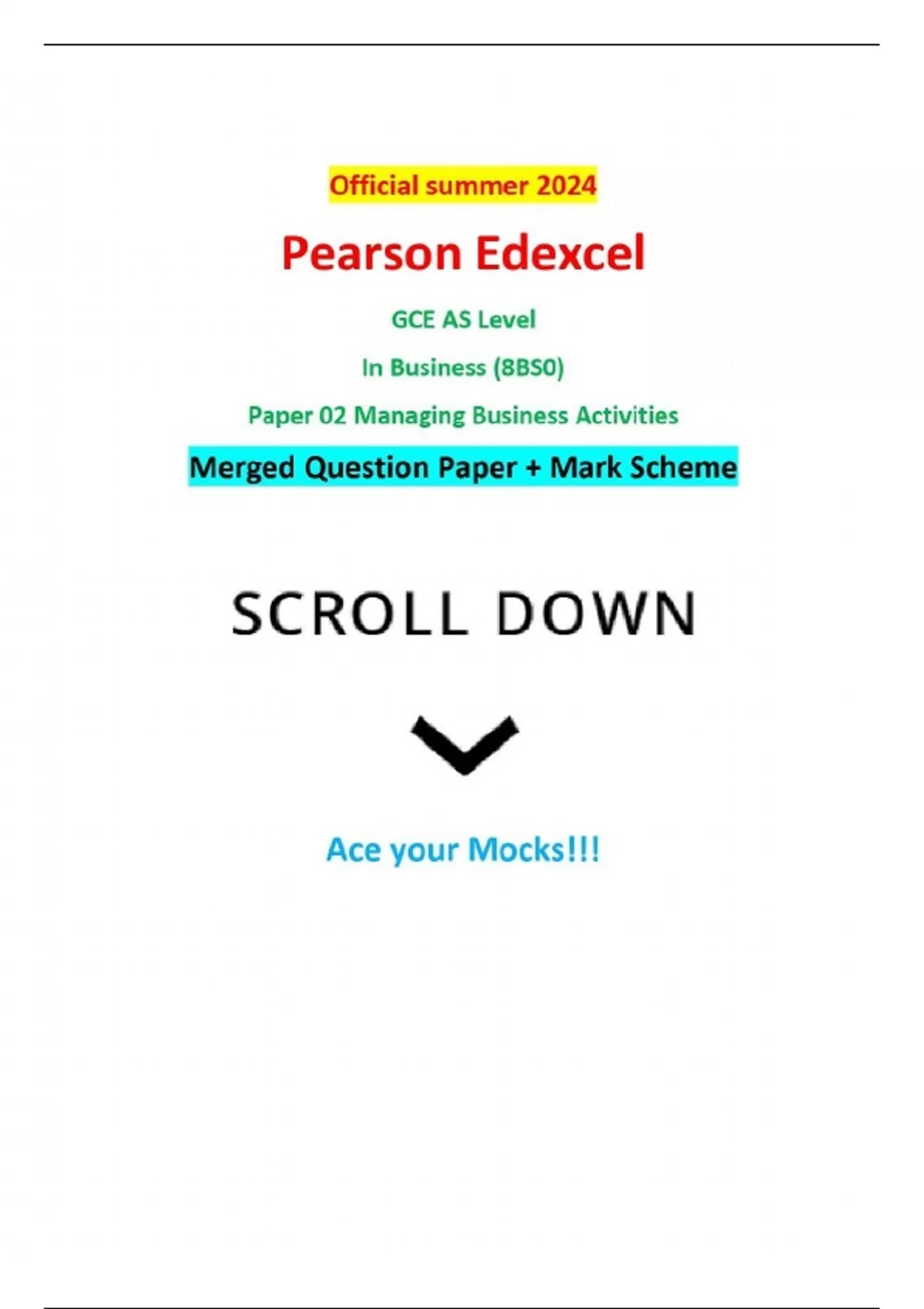 Official summer 2024 Pearson Edexcel GCE AS Level In Business (8BS0 ...