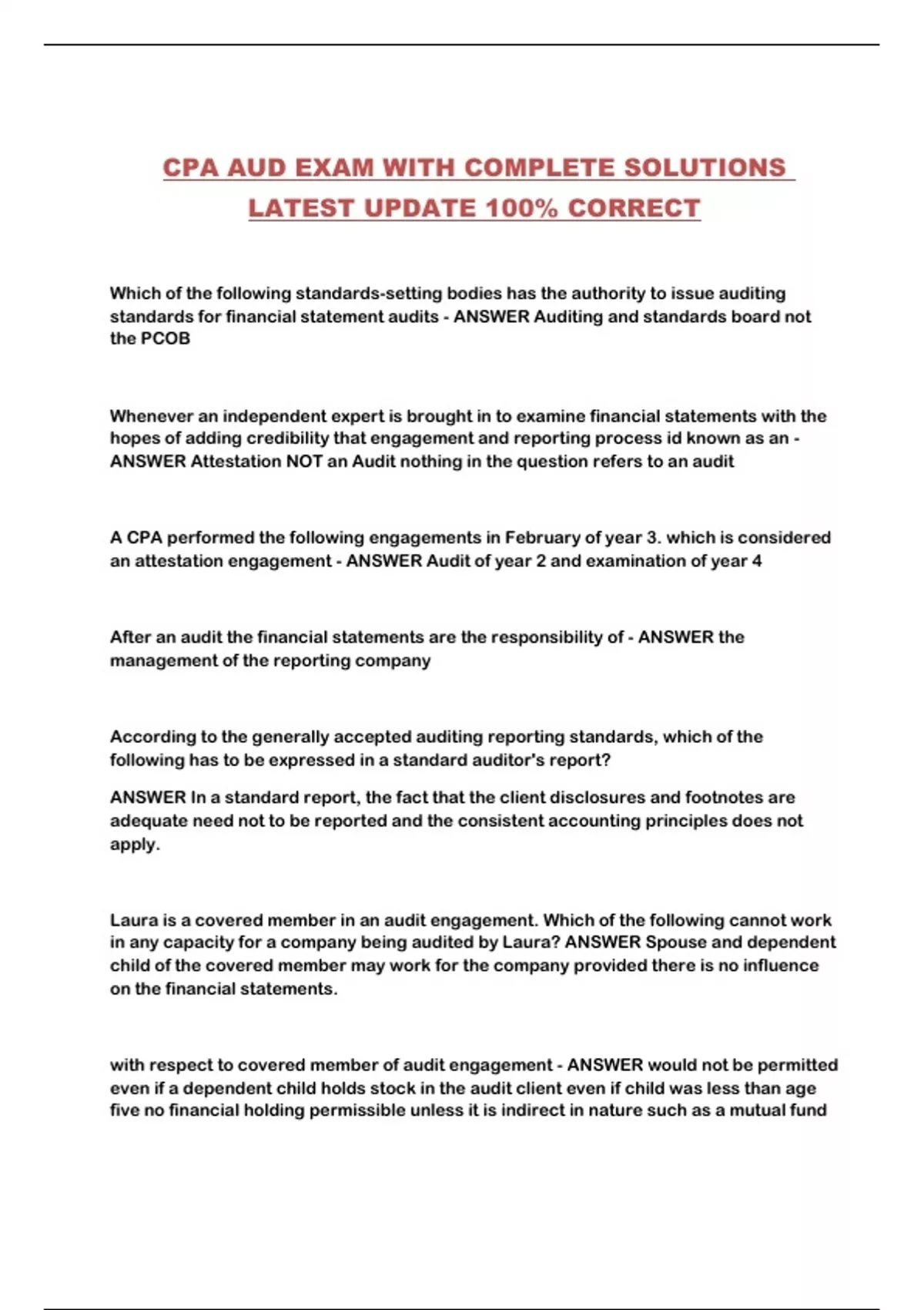 CPA AUD EXAM WITH COMPLETE SOLUTIONS LATEST UPDATE 100% CORRECT - CPA ...