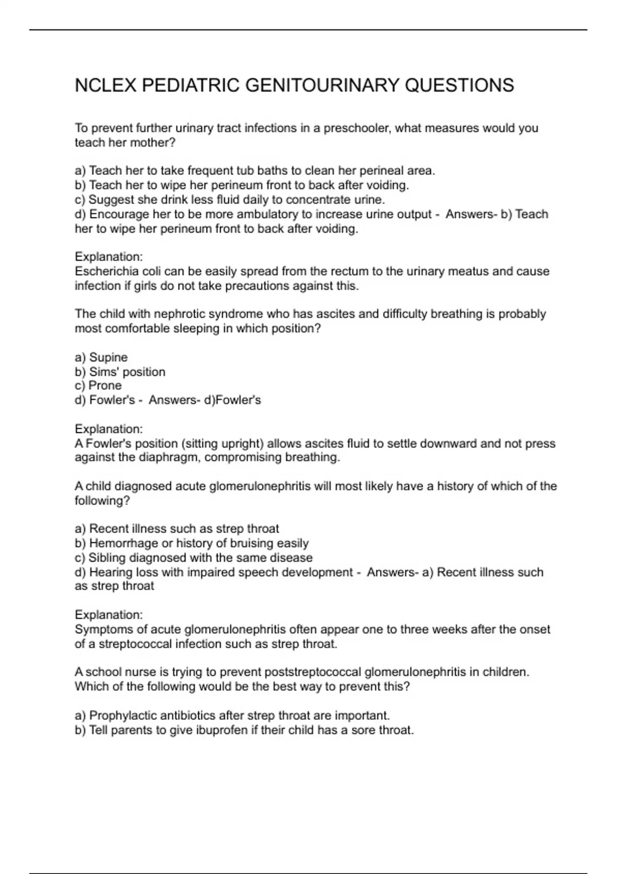 NCLEX PEDIATRIC GENITOURINARY QUESTIONS - Nclex - Stuvia UK