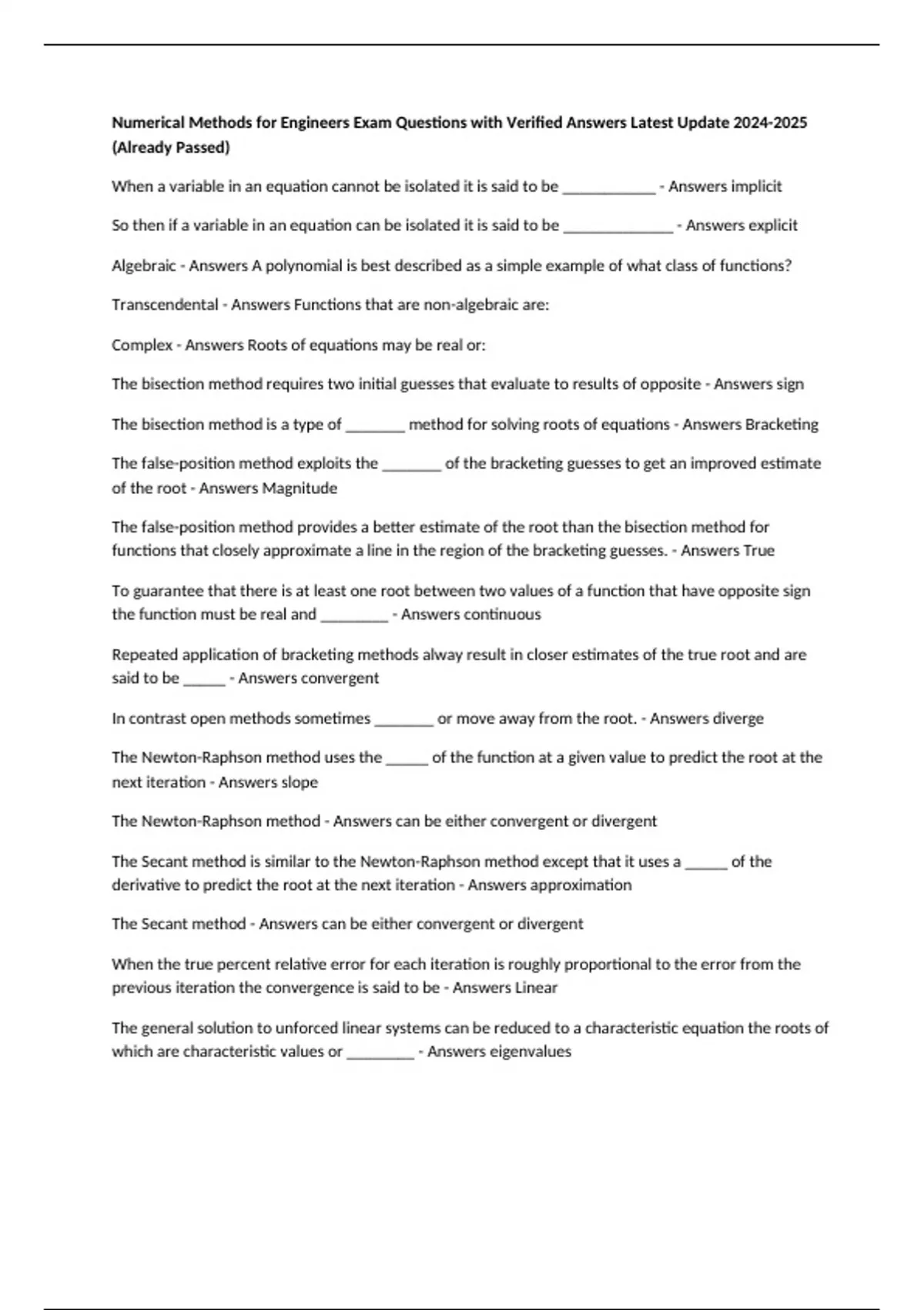 Numerical Methods for Engineers Exam Questions with Verified Answers ...