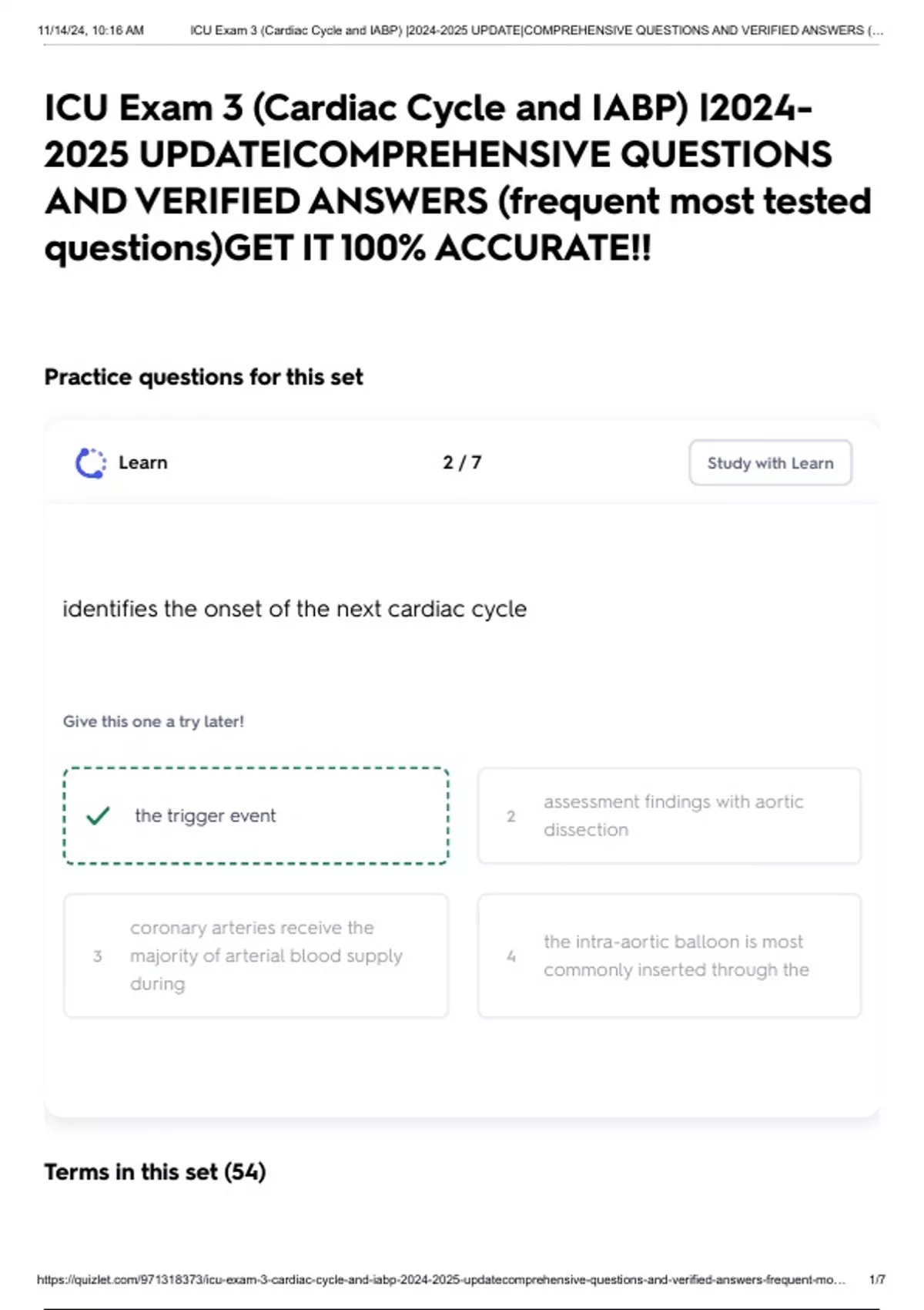ICU Exam 3 (Cardiac Cycle and IABP) | UPDATE|COMPREHENSIVE QUESTIONS ...