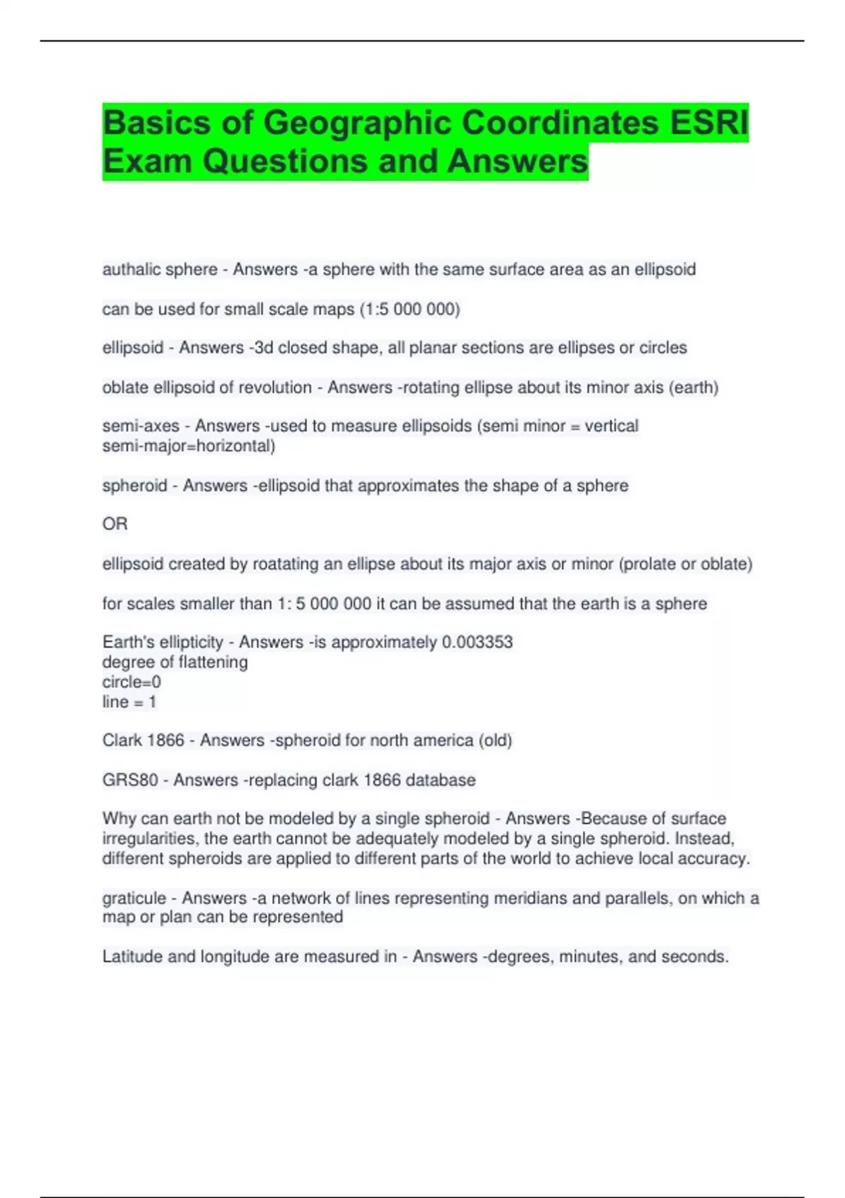 Basics of Geographic Coordinates ESRI Exam Questions and Answers ...