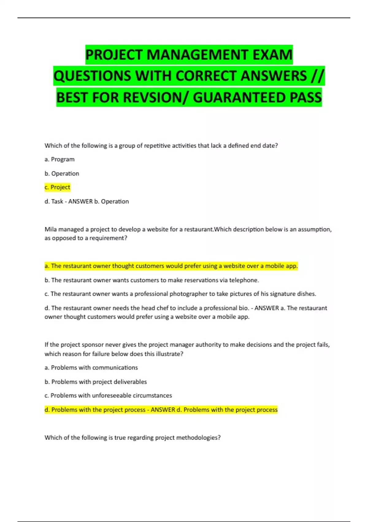 PROJECT MANAGEMENT EXAM QUESTIONS WITH CORRECT ANSWERS // BEST FOR REVSION/ GUARANTEED PASS ...