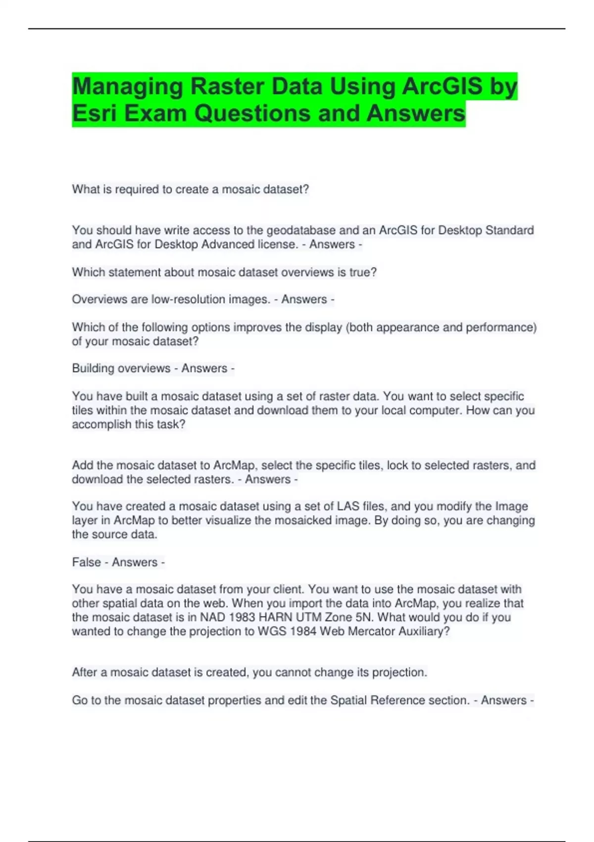 Managing Raster Data Using ArcGIS by Esri Exam Questions and Answers - ArcGIS - Stuvia US