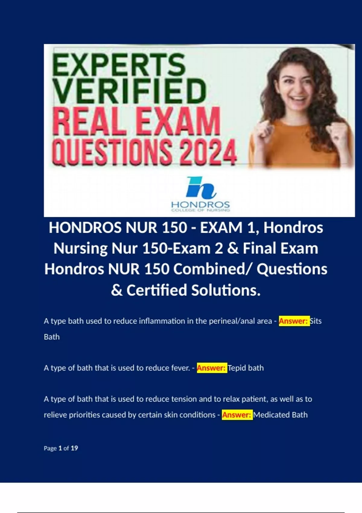 HONDROS NUR 150 - EXAM 1, Hondros Nursing Nur 150-Exam 2 & Final Exam ...