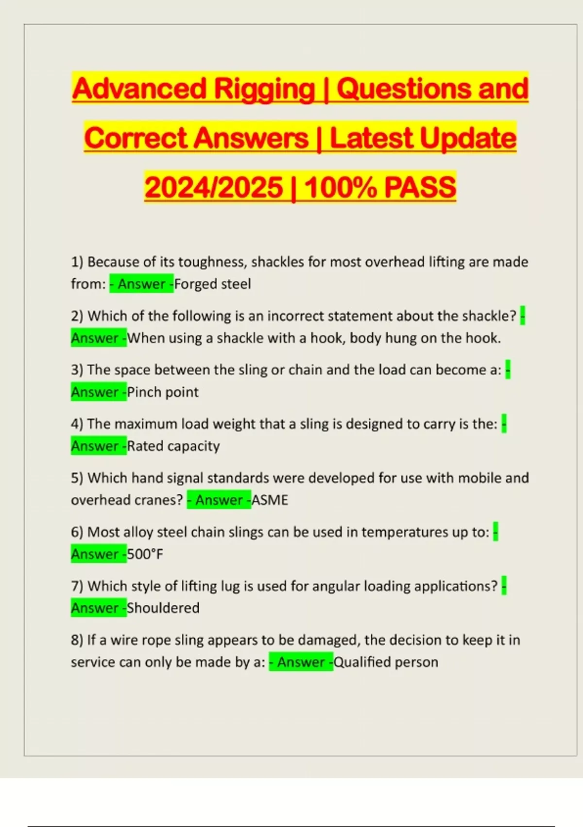 Advanced Rigging | Questions and Correct Answers | Latest Update 2024/ ...