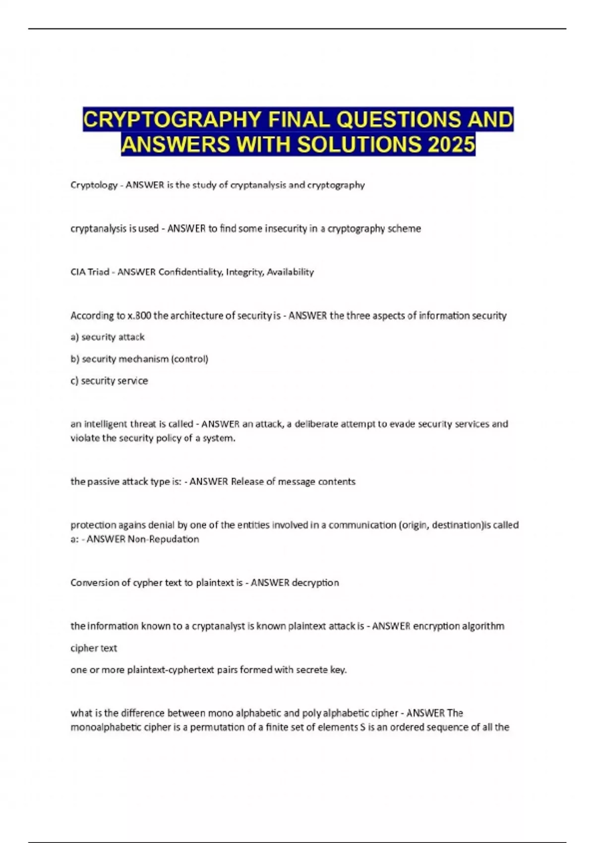 CRYPTOGRAPHY FINAL QUESTIONS AND ANSWERS WITH SOLUTIONS 2025 - WGU C839 - Stuvia US