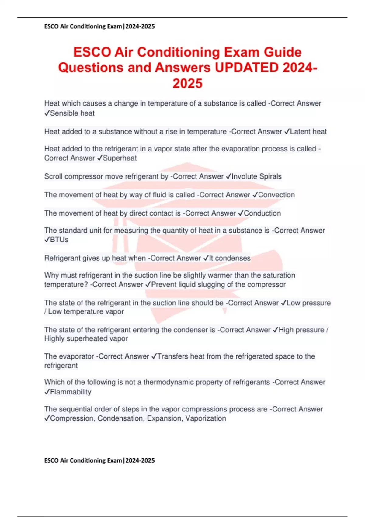 ESCO Air Conditioning Exam Guide Questions and Answers UPDATED - ESCO ...