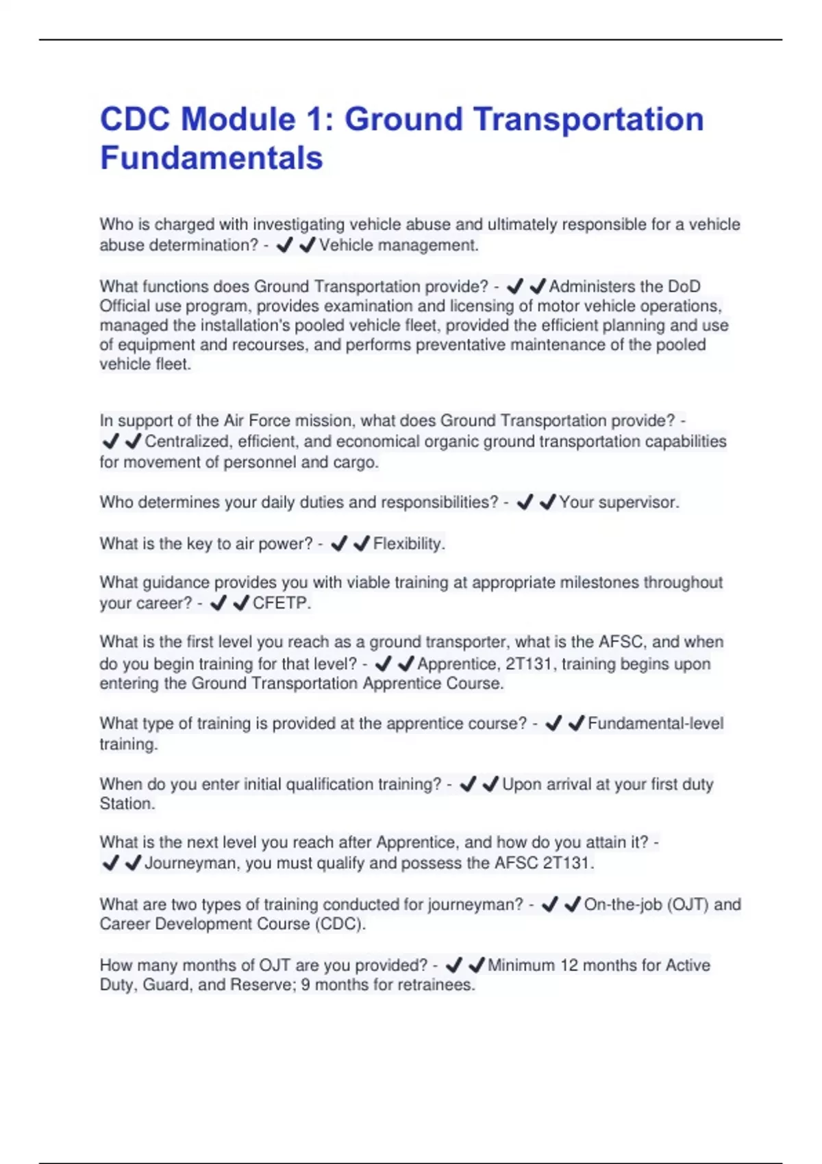 CDC Module 1: Ground Transportation Fundamentals Questions And Answers ...