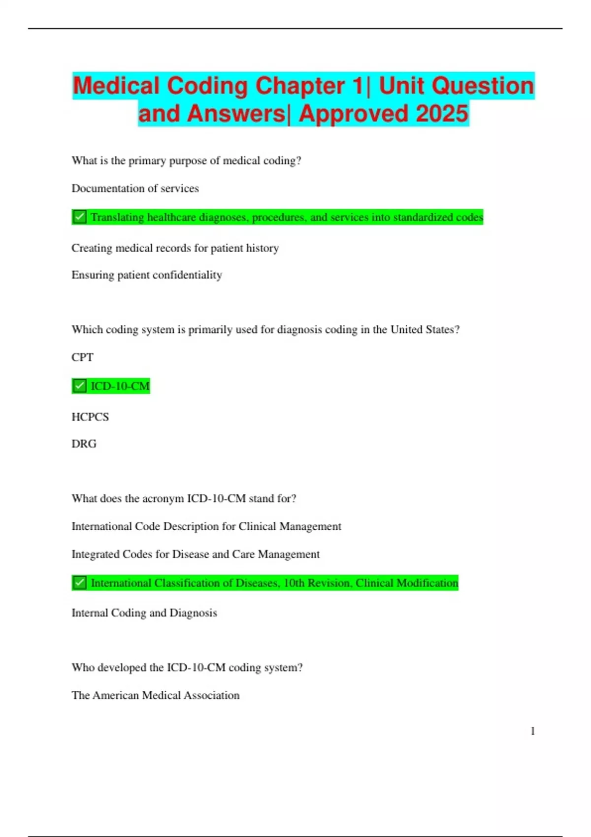 Medical Coding Chapter 1| Unit Question and Answers| Approved 2025 - Certified Professional ...