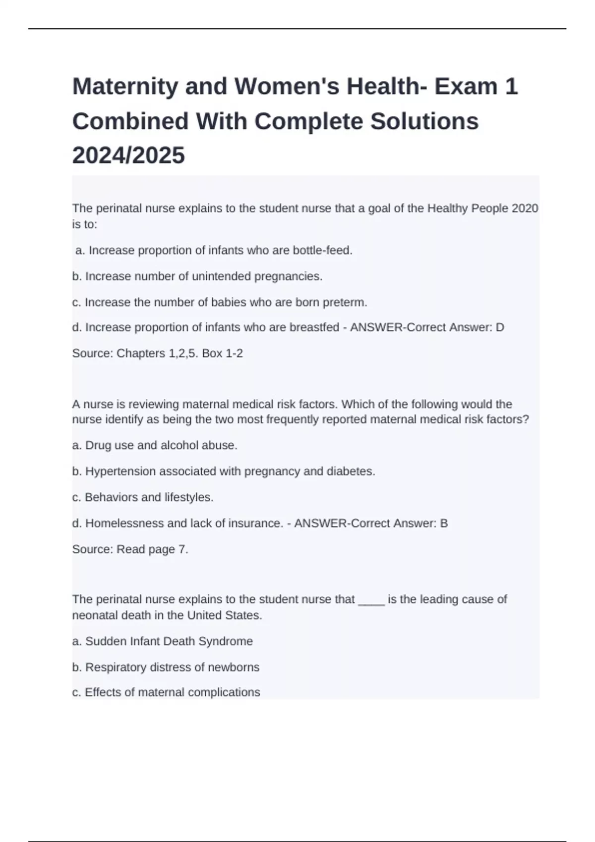 Maternity and Women's Health- Exam 1 Combined With Complete Solutions ...