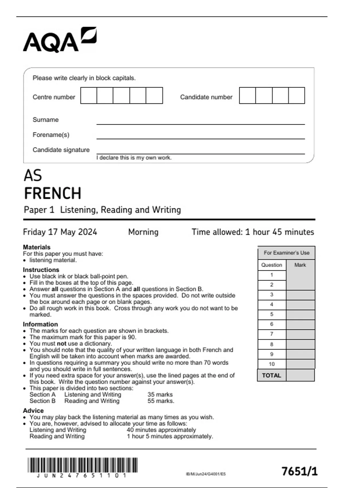 AQA AS FRENCH Paper 1 Listening, Reading and Writing 7651-1 question ...
