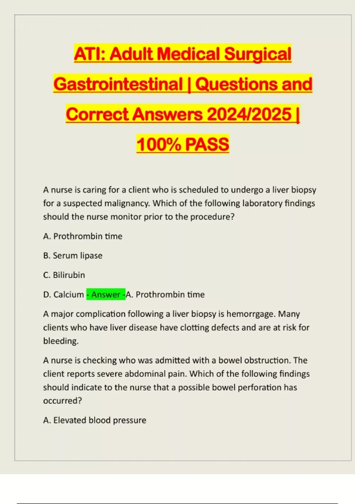 ATI MEDICAL SURGICAL PACKAGE DEAL EXAMS:::: QUESTIONS AND CORRECT ...
