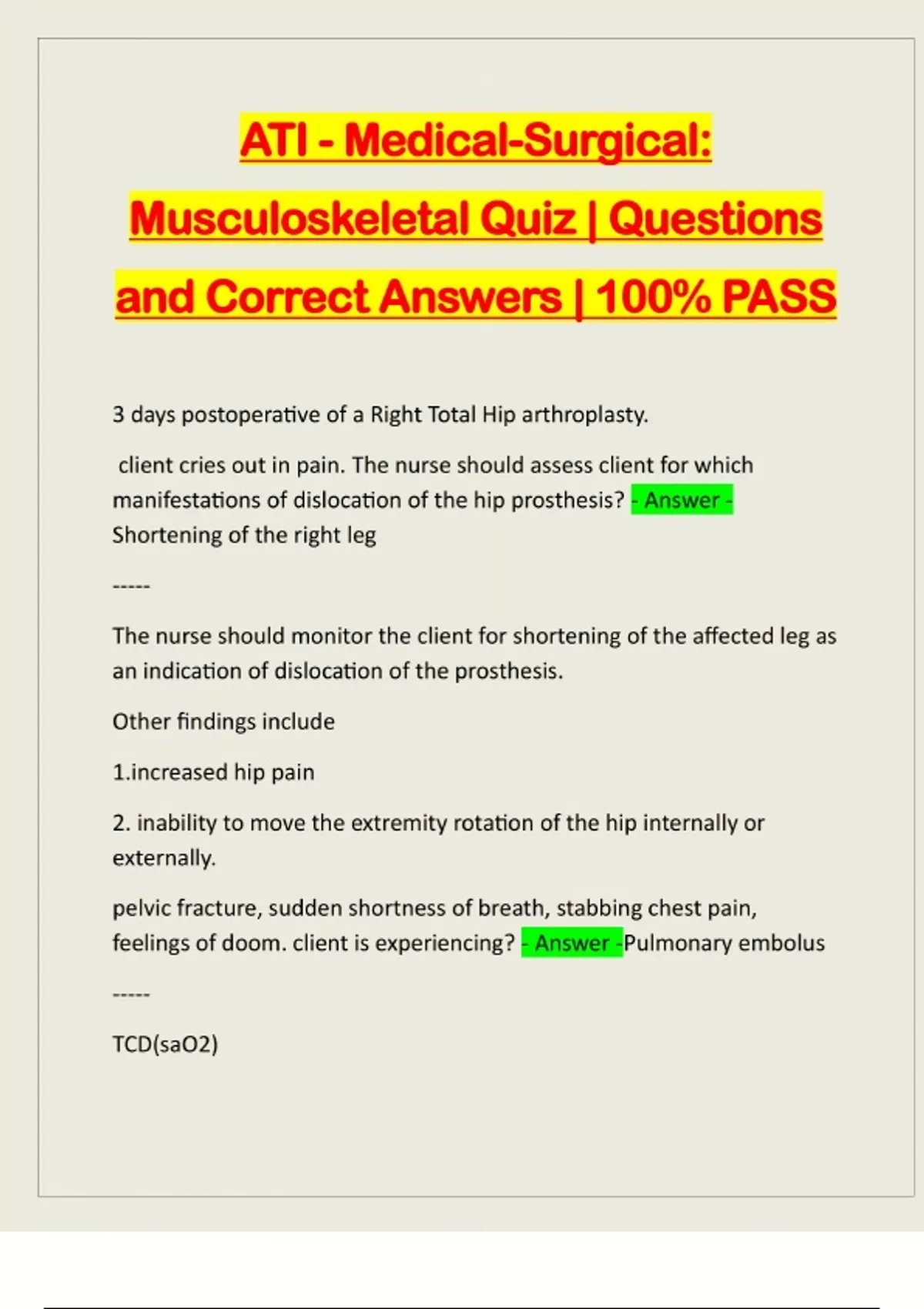 ATI - Medical-Surgical: Musculoskeletal Quiz | Questions and Correct ...