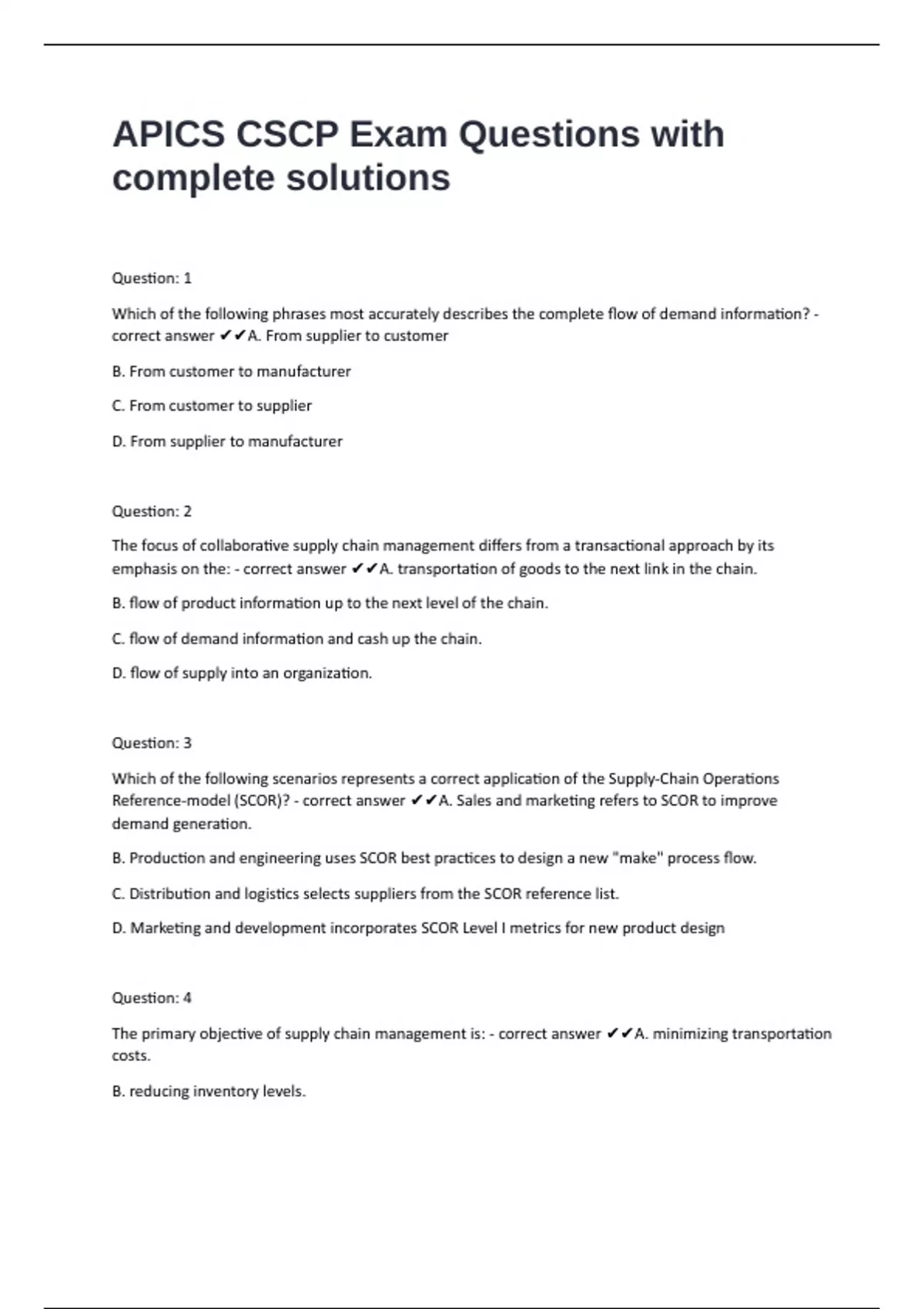 APICS CSCP Exam Questions with complete solutions - APICS CSCp - Stuvia US