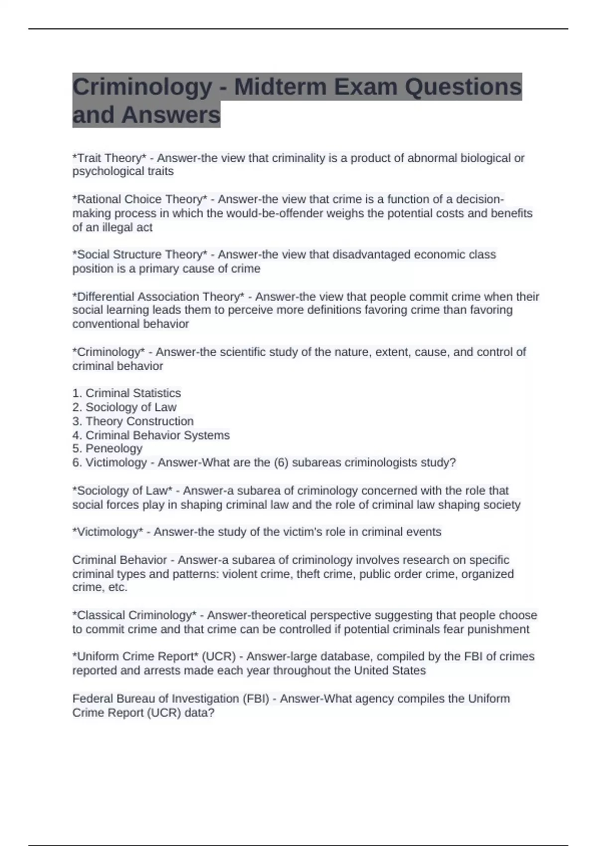 Criminology - Midterm Exam Questions and Answers - Criminology - Stuvia US