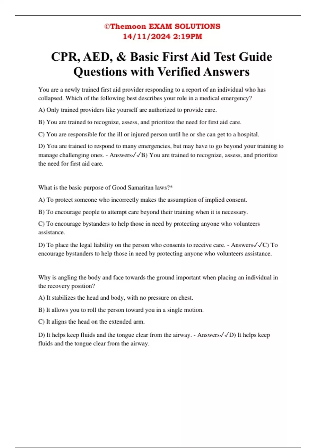 CPR, AED, & Basic First Aid Test Guide Questions with Verified Answers ...