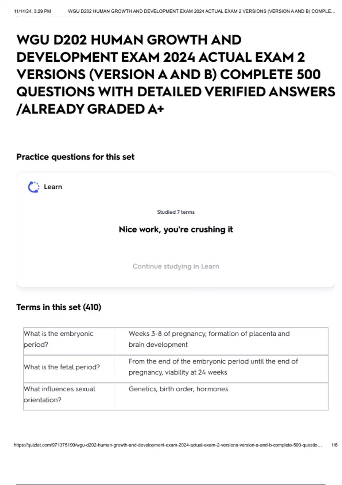 WGU D202 HUMAN GROWTH AND DEVELOPMENT EXAM 2024 ACTUAL EXAM 2 VERSIONS ...