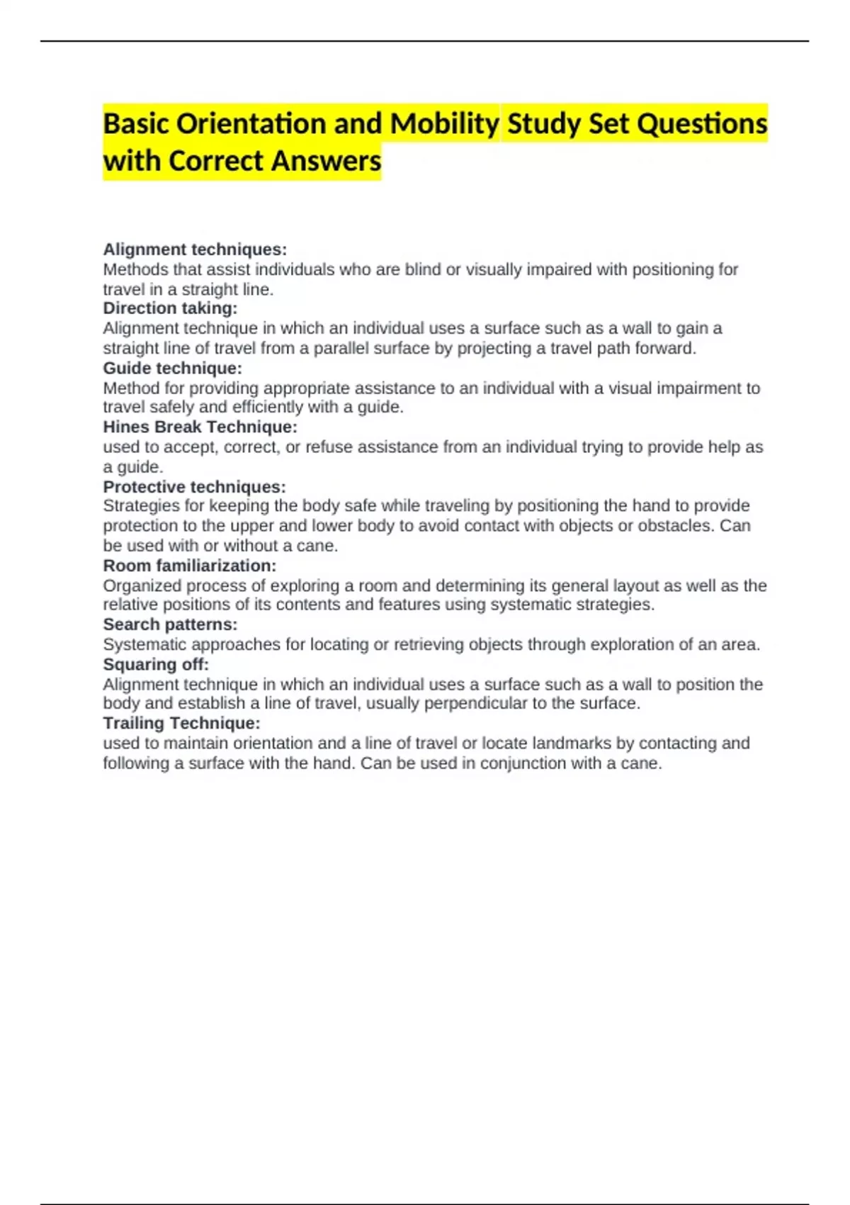 Basic Orientation and Mobility Study Set Questions with Correct Answers ...