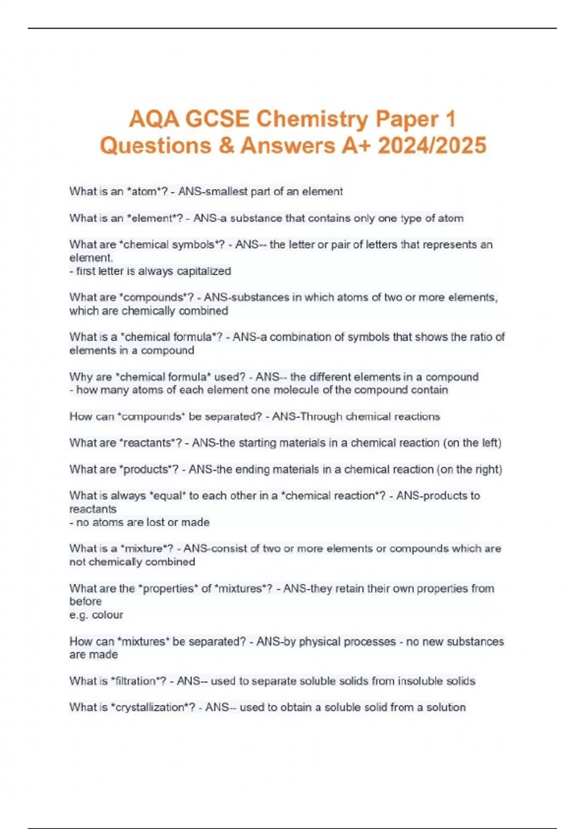 AQA GCSE Chemistry Paper 1 Questions & Answers A+ 2024/2025 - AQA GCSE ...