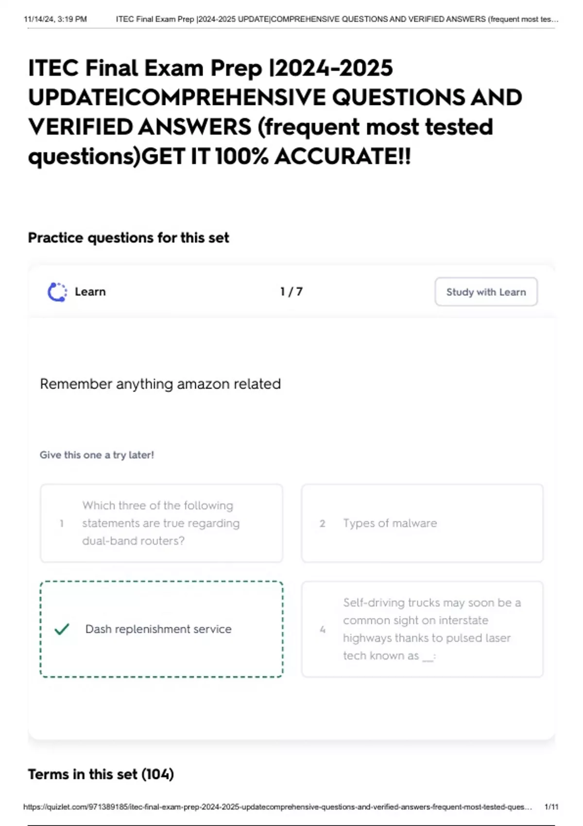 ITEC Final Exam Prep | UPDATE|COMPREHENSIVE QUESTIONS AND VERIFIED ...