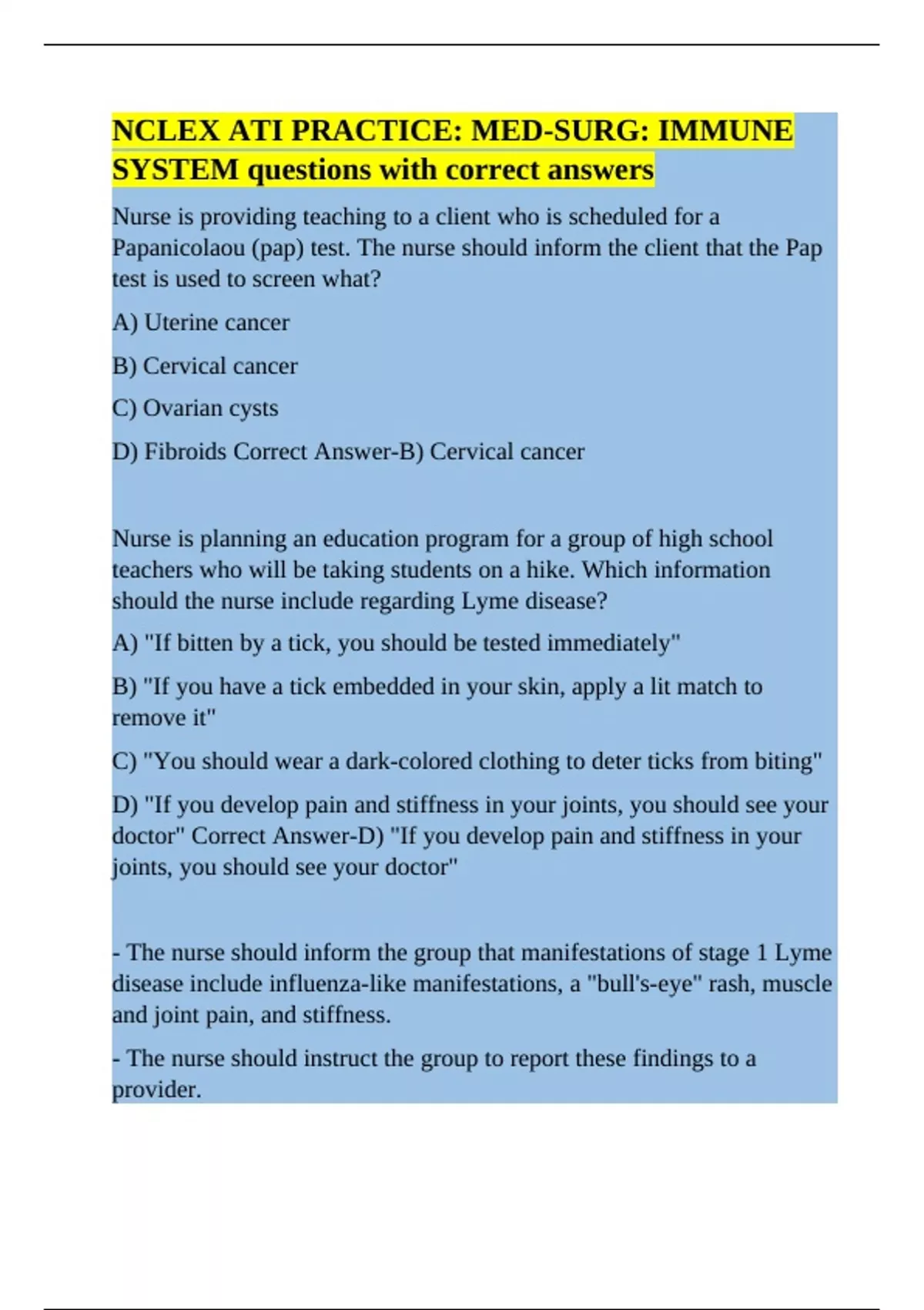 NCLEX ATI PRACTICE: MED-SURG: IMMUNE SYSTEM questions with correct ...