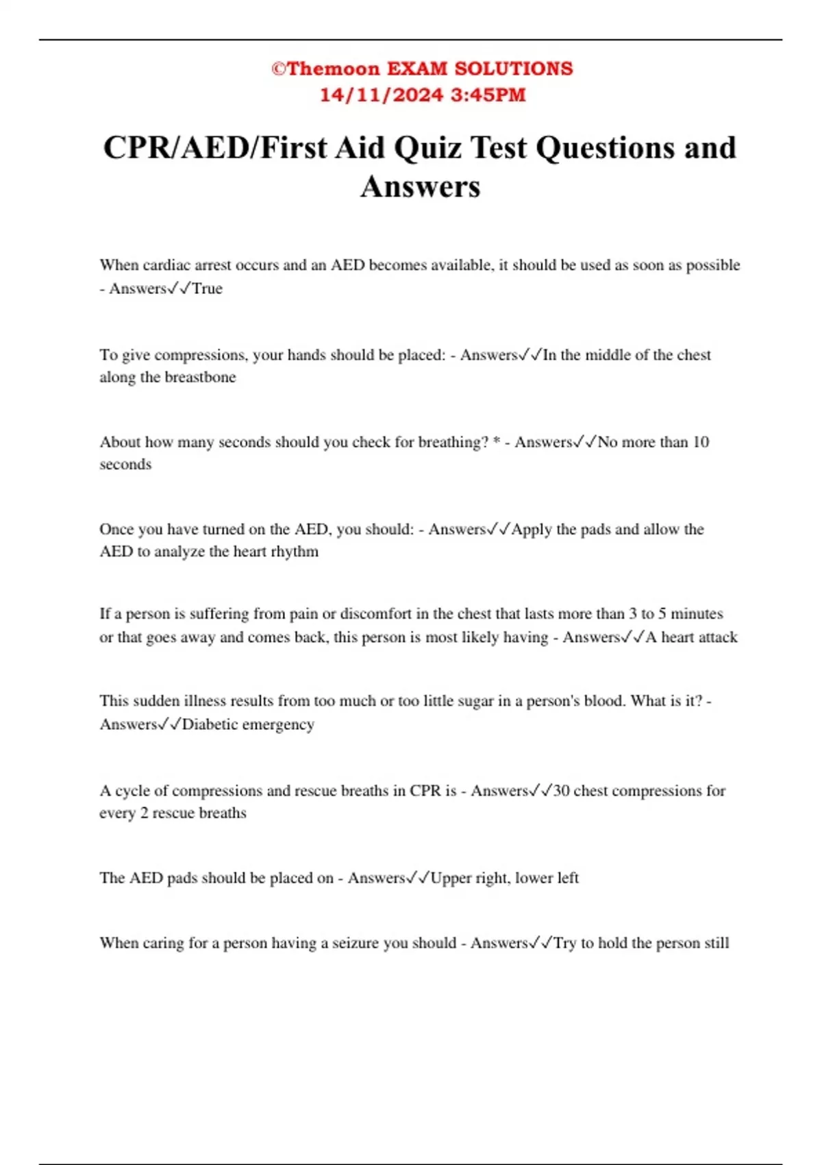 CPR/AED/First Aid Quiz Test Questions and Answers - CPR/AED/First Aid ...