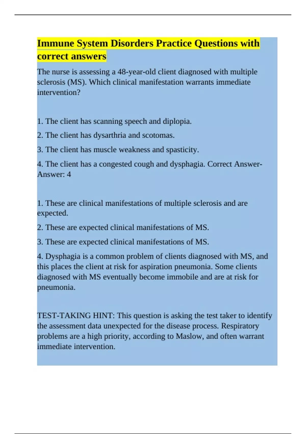 Immune System Disorders Practice Questions with correct answers ...