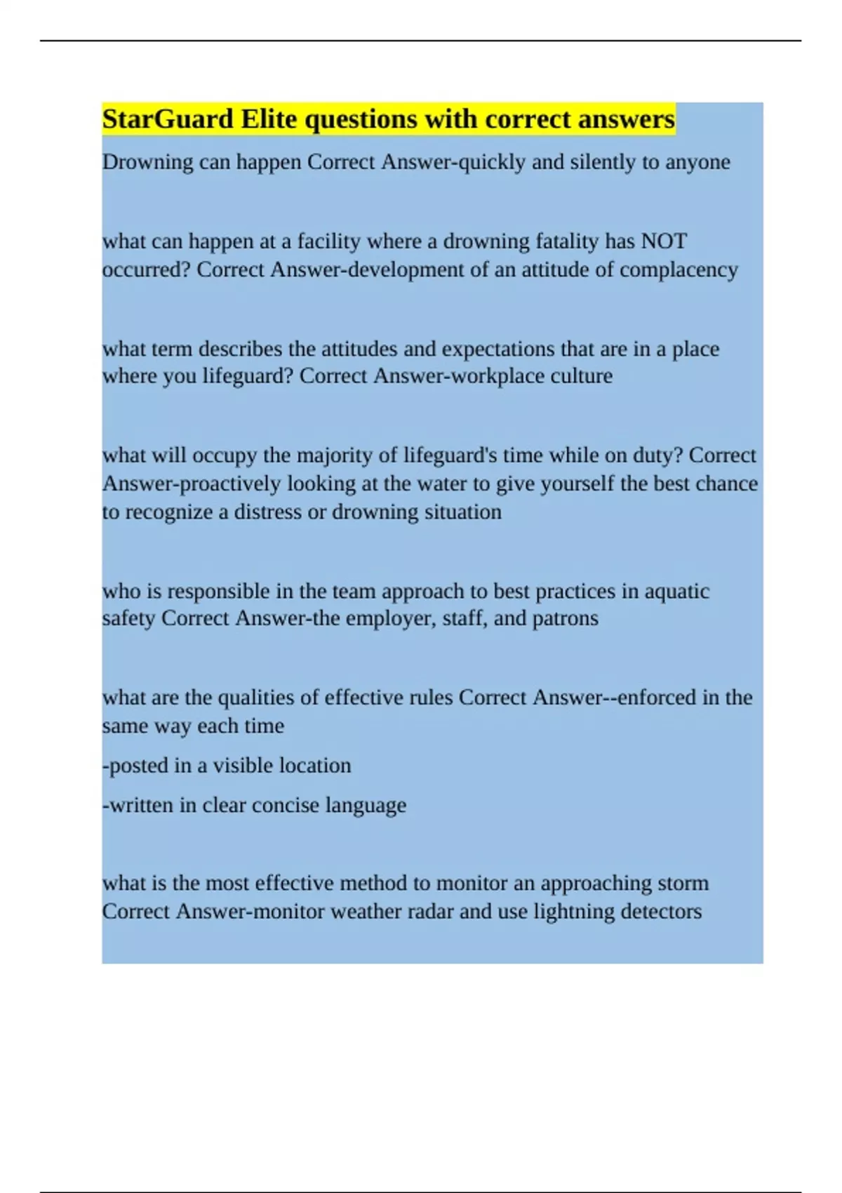 StarGuard Elite questions with correct answers - Lifeguard - Stuvia NL