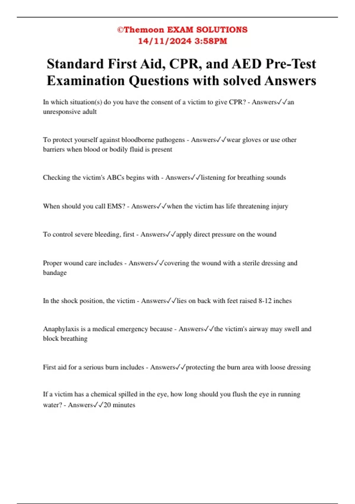 Standard First Aid, CPR, and AED Pre-Test Examination Questions with ...