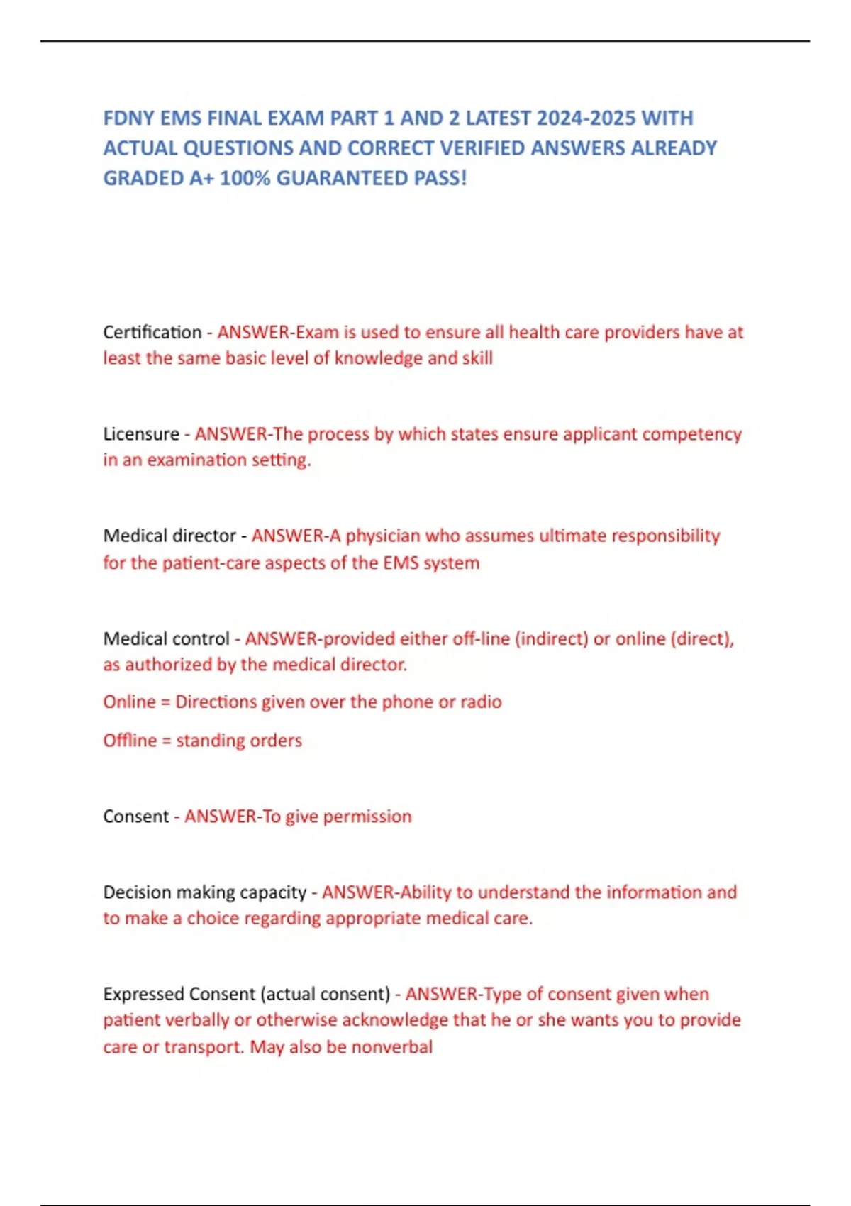 FDNY EMS FINAL EXAM PART 1 AND 2 LATEST WITH ACTUAL QUESTIONS AND ...